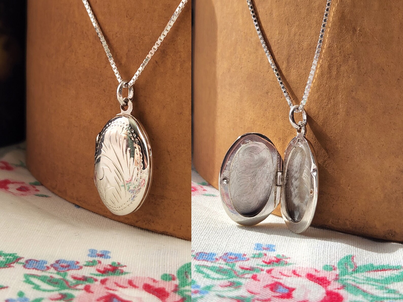 Locket Photo Necklace 925 Vintage Style Etched Sterling Silver Two ...