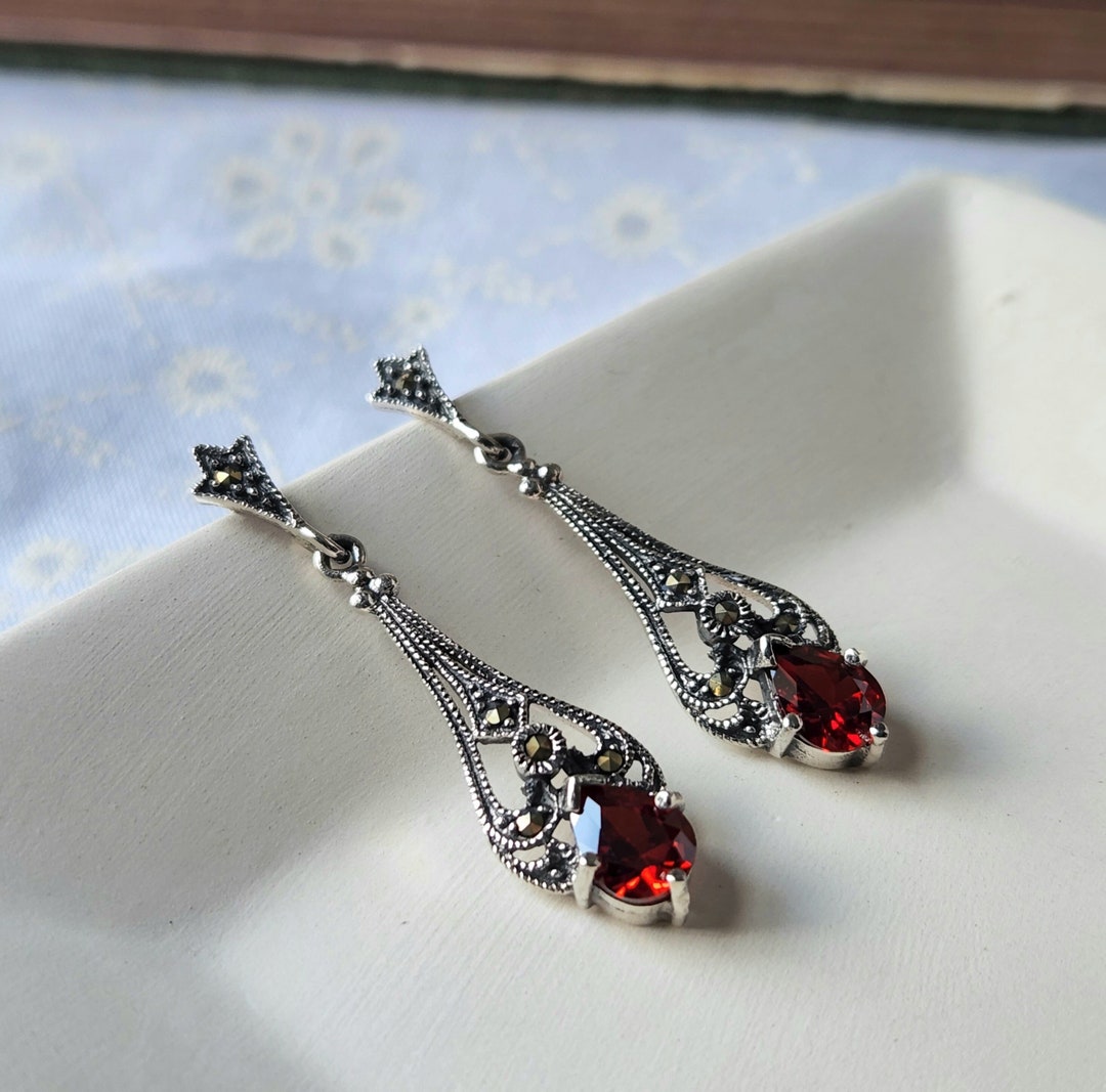 Victorian Dangle Earrings Sterling Silver Marcasite Red Glass 925 ...