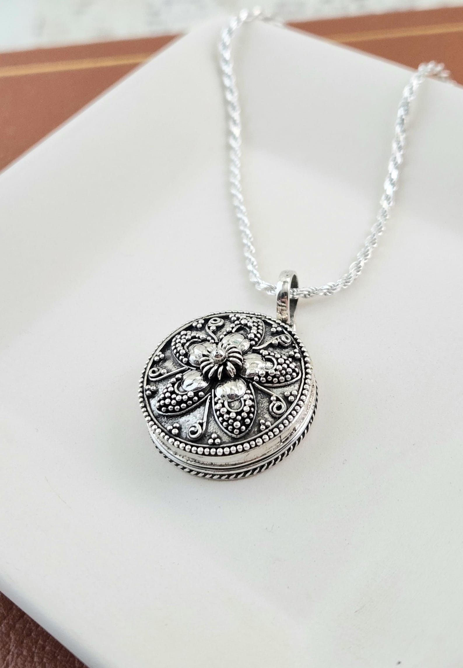 Flower Locket Necklace Pill Box Sterling Silver Hinged Locket Vintage ...
