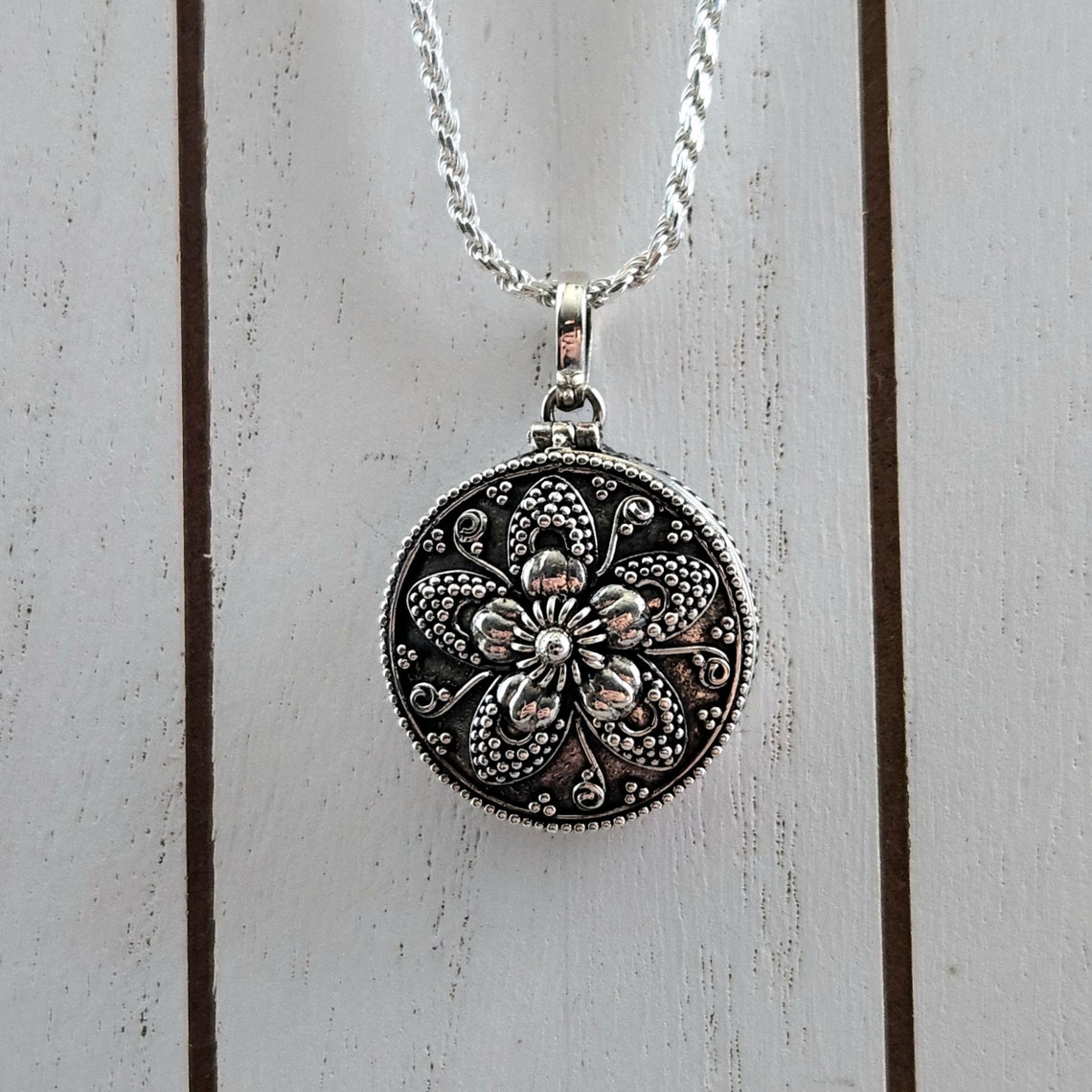 Flower Locket Necklace Pill Box Sterling Silver Hinged Locket Vintage ...