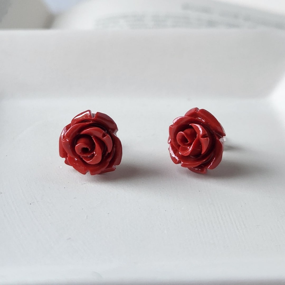 Red Rose Stud Earrings Resin Sterling Silver Flower Jewelry Cottagecore ...