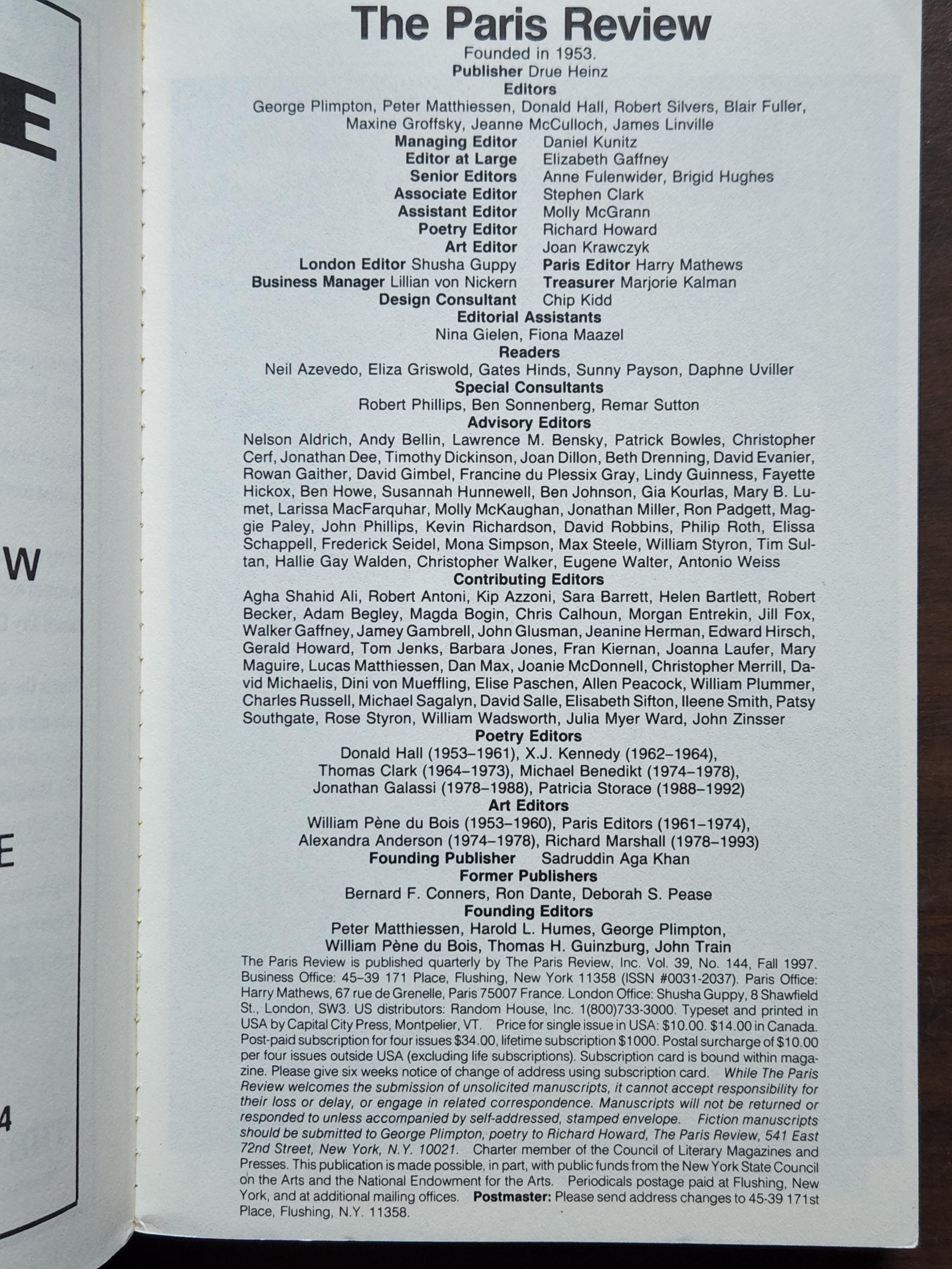 The Paris Review Fall 1997 Book #144, Vintage Literary Journal, Poetry ...