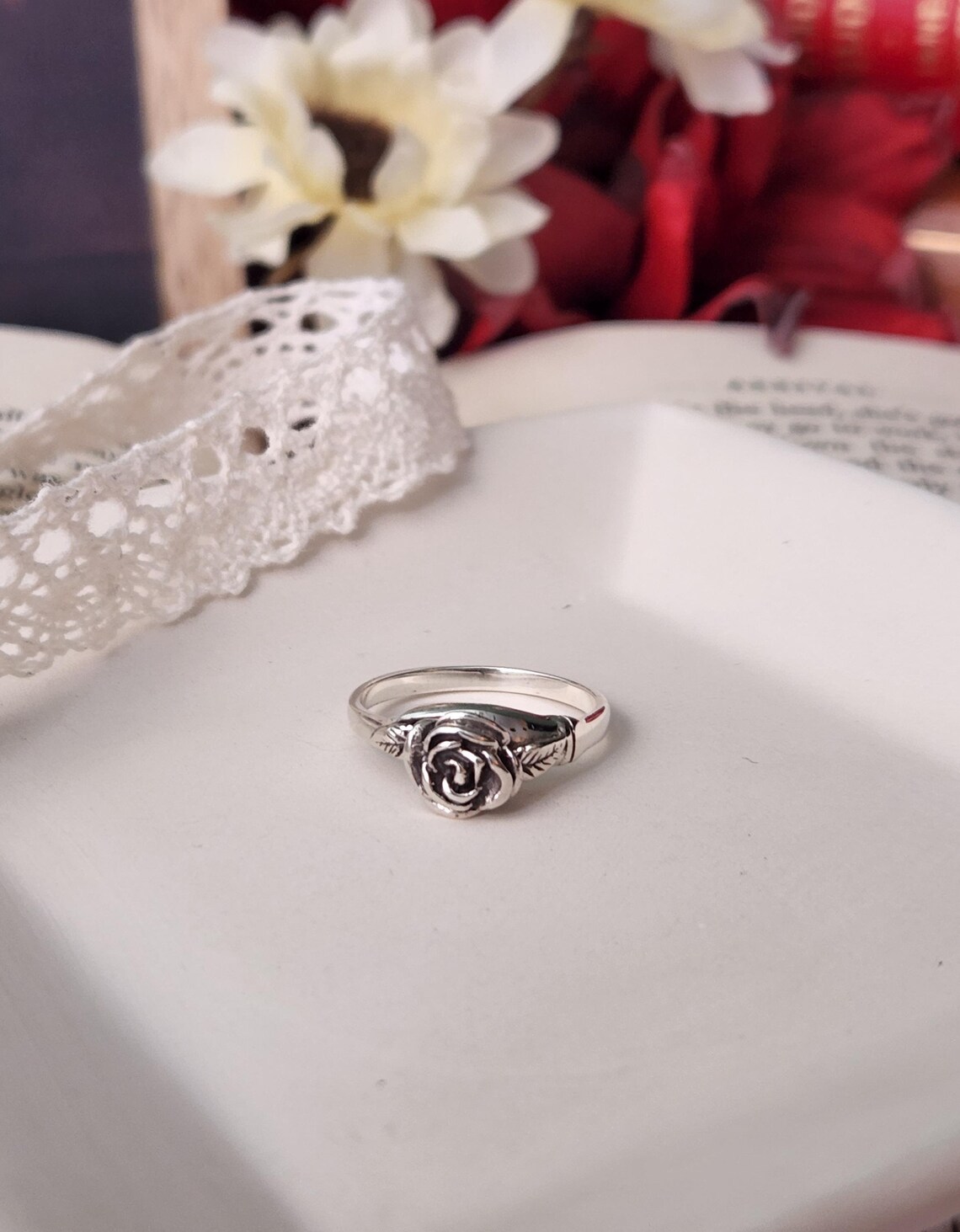 Dainty Sterling Silver Rose Ring: 3D Floral, Cottagecore Jewelry - Etsy