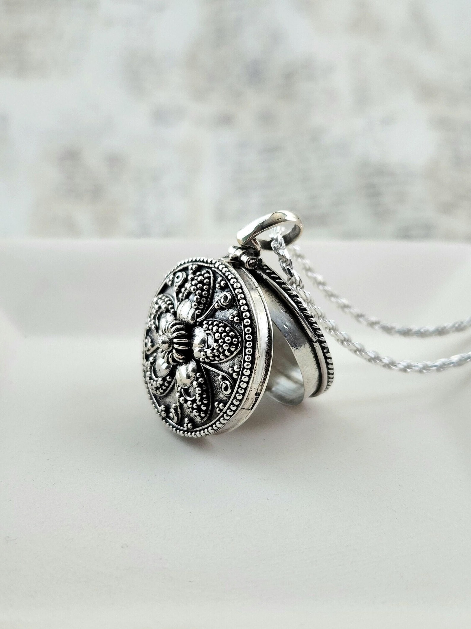 Flower Locket Necklace Pill Box Sterling Silver Hinged Locket Vintage ...