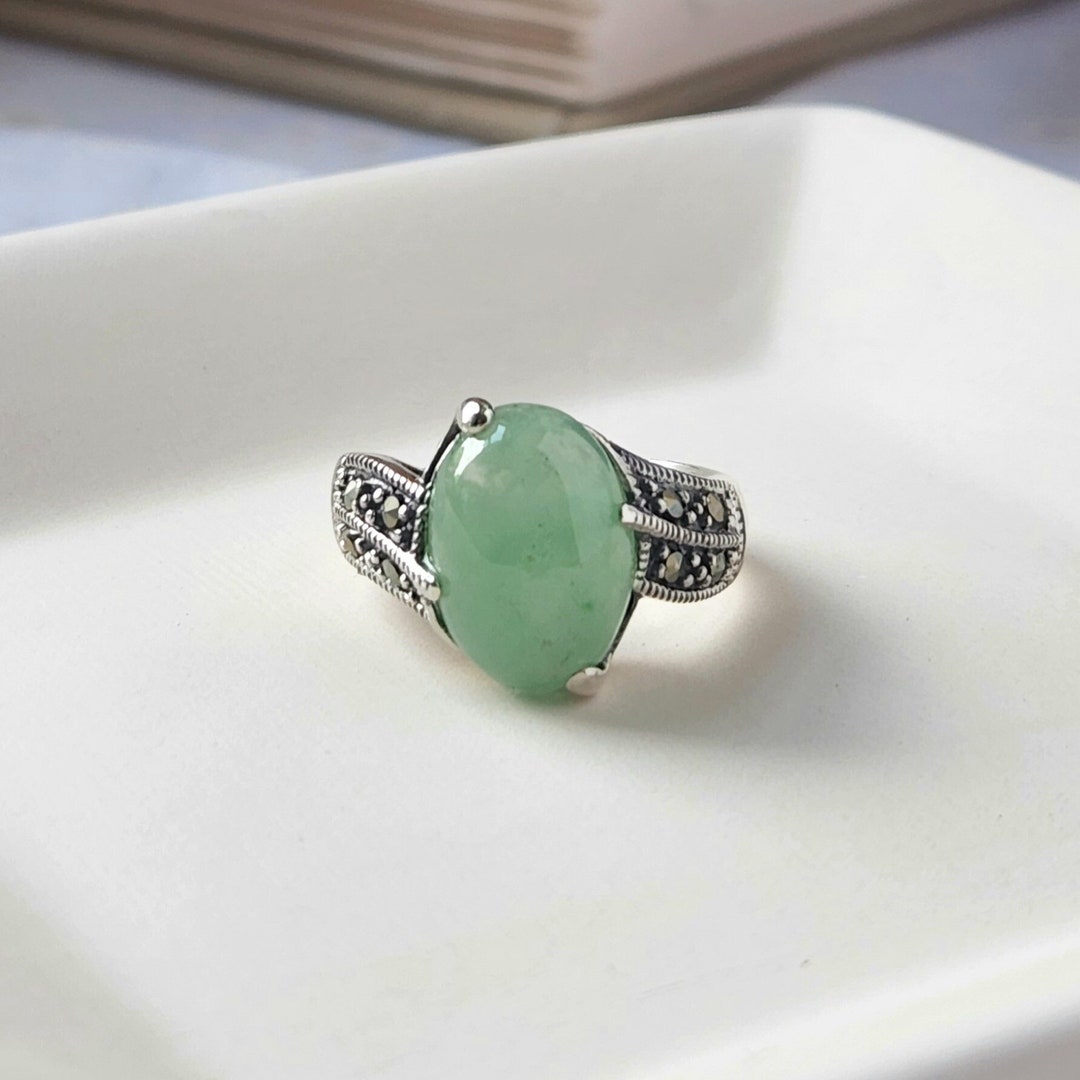 Green Jade Cocktail Ring Marcasite Sterling Silver Art Deco Flapper ...