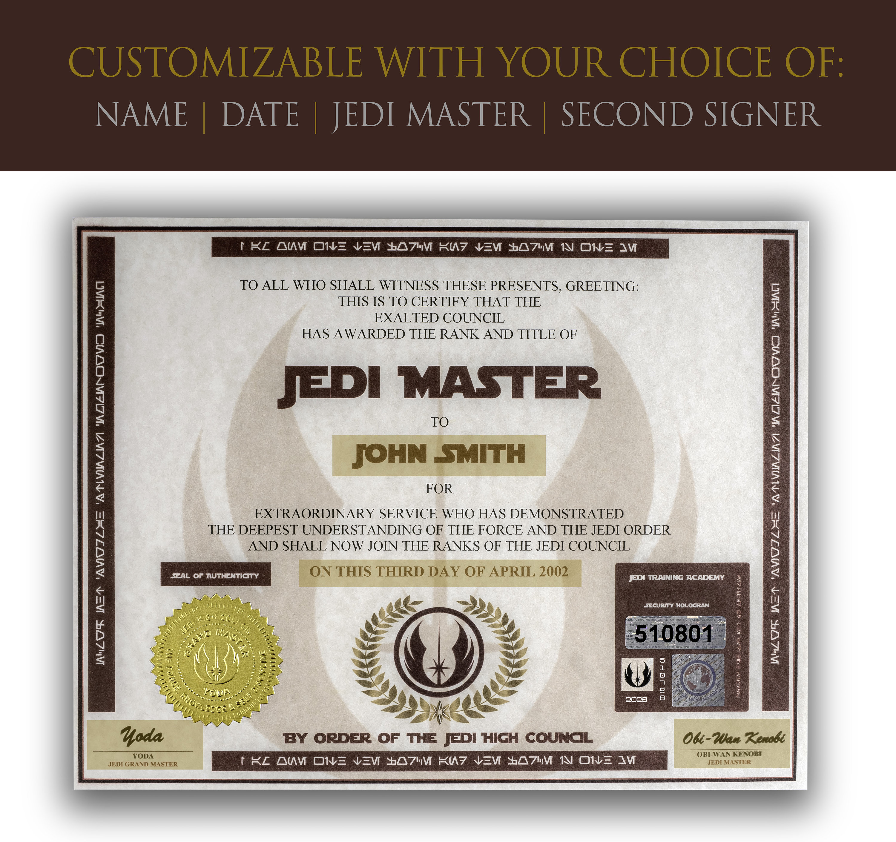 Custom Personalized Star Wars Jedi Padawan Certificates With Embedded ...