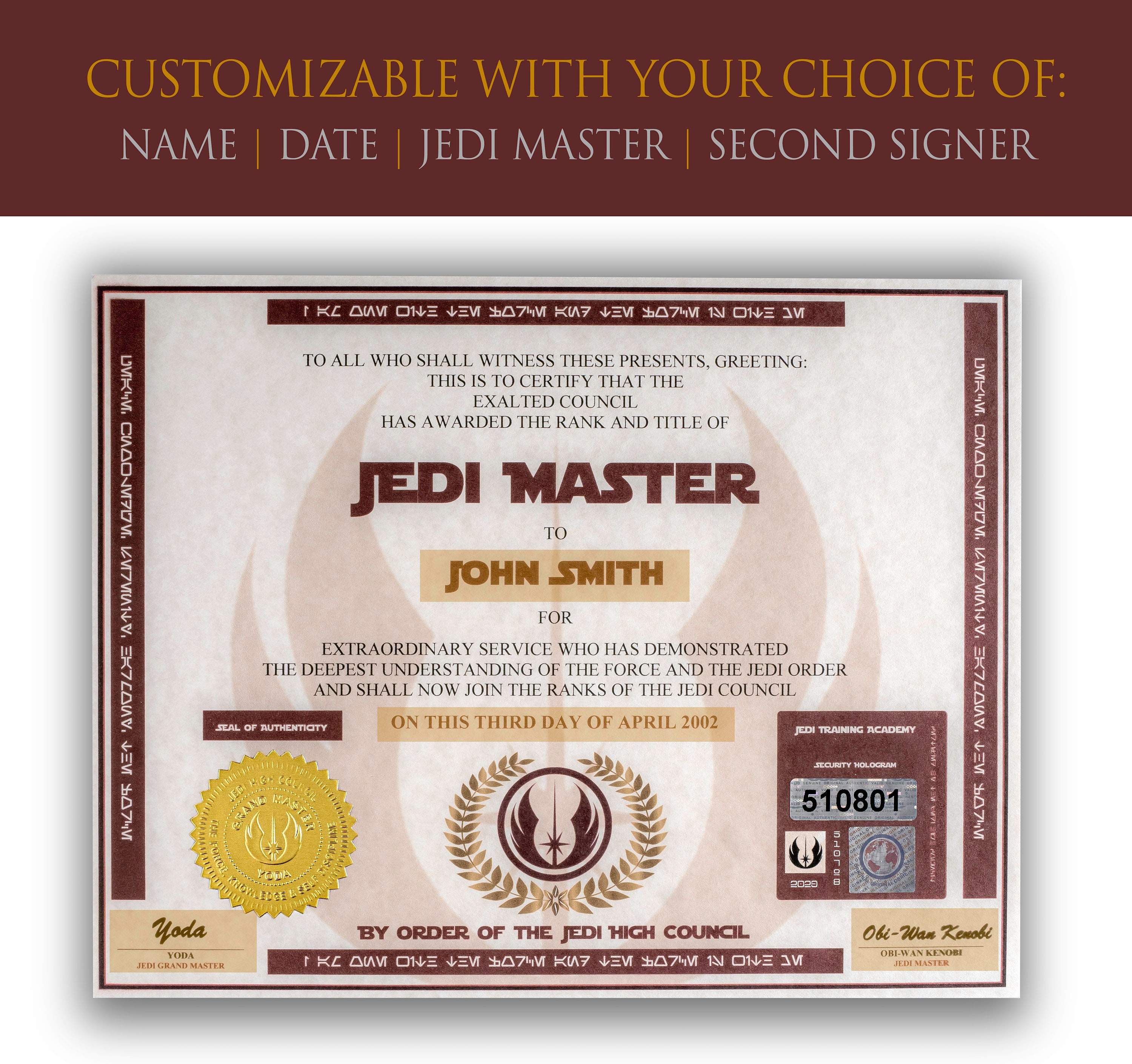 Premium Star Wars Jedi Master Certificate With Unique Jedi - Etsy