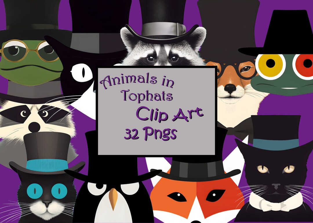 Animals in Top Hats Clip Art 32 Pngs, Transparent Background - Etsy