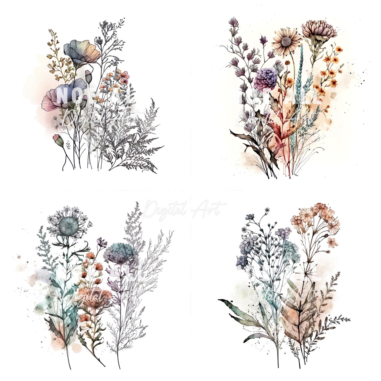 Wildflowers Clipart Set 12 High Quality JPG Decoupage, Wall Art ...