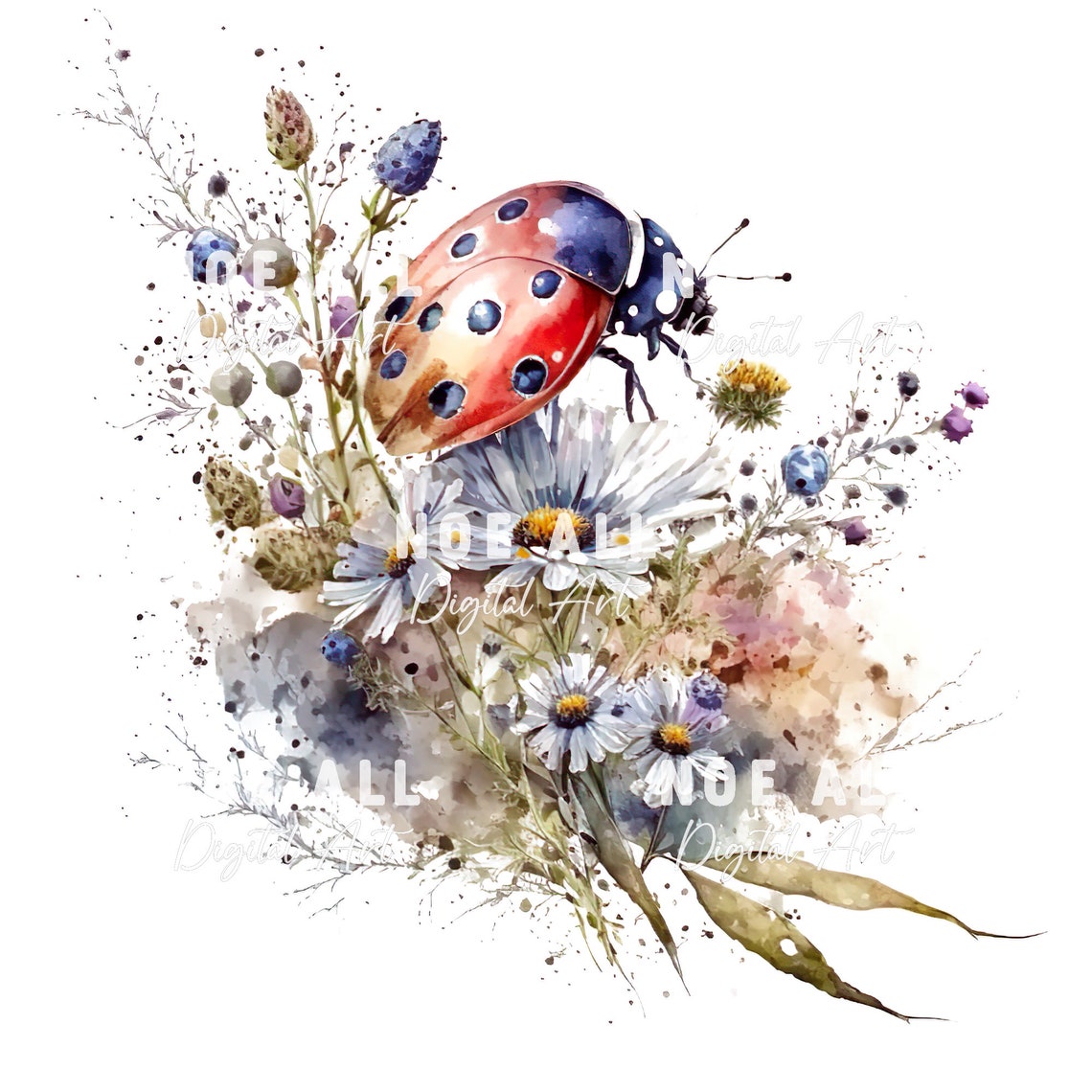 Ladybug, Wildflowers Clipart Set 12 High Quality JPG Decoupage, Wall ...