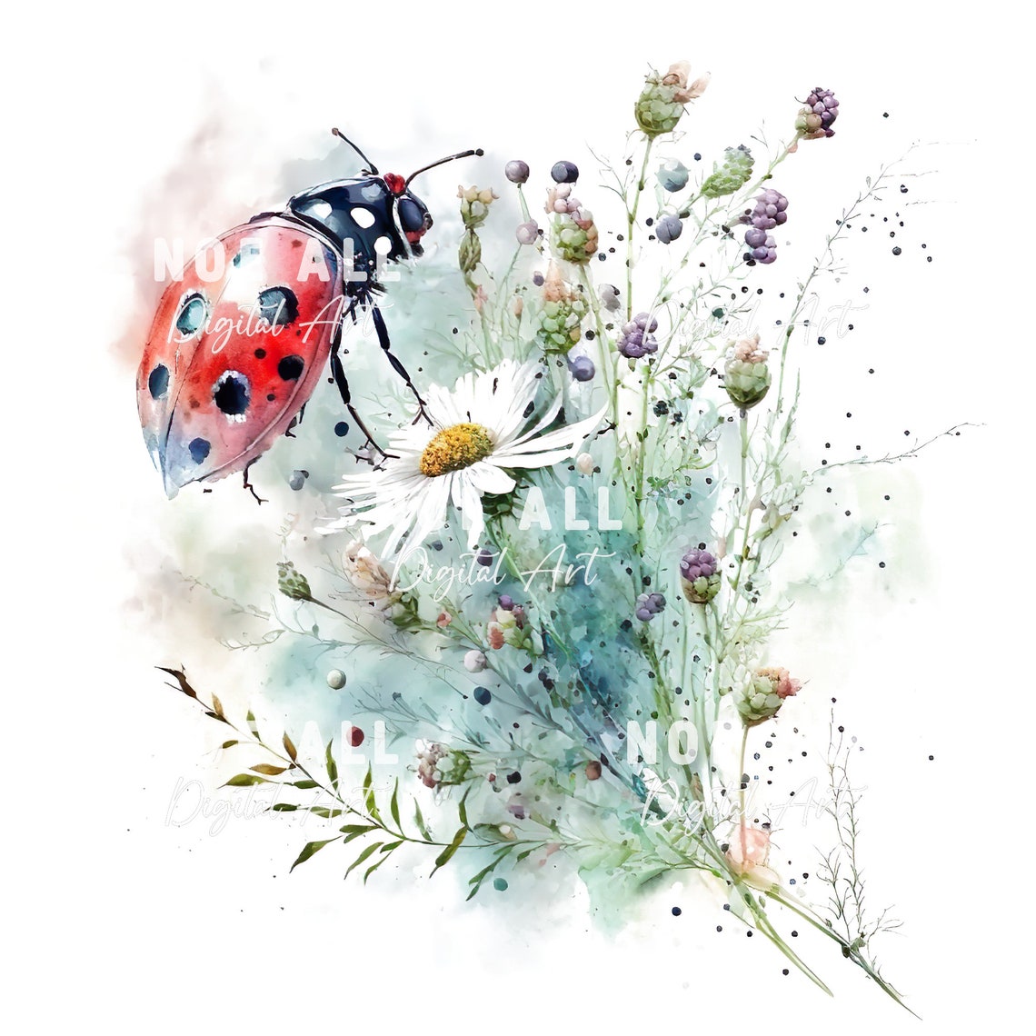 Ladybug, Wildflowers Clipart Set 12 High Quality JPG Decoupage, Wall ...