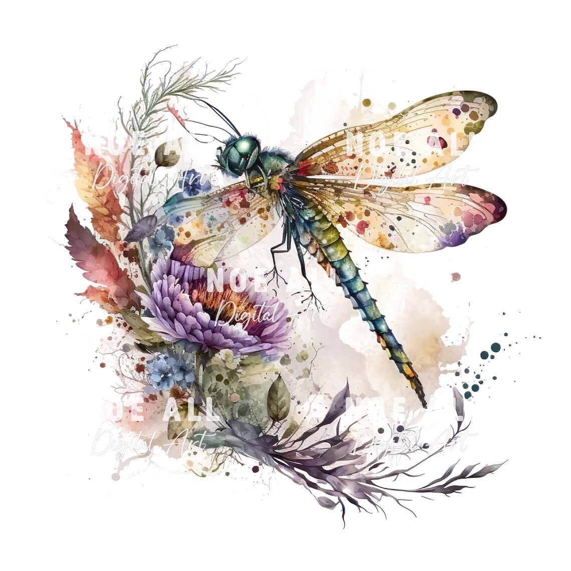 Dragonfly, Wildflowers Clipart Set 12 High Quality JPG Decoupage, Wall ...