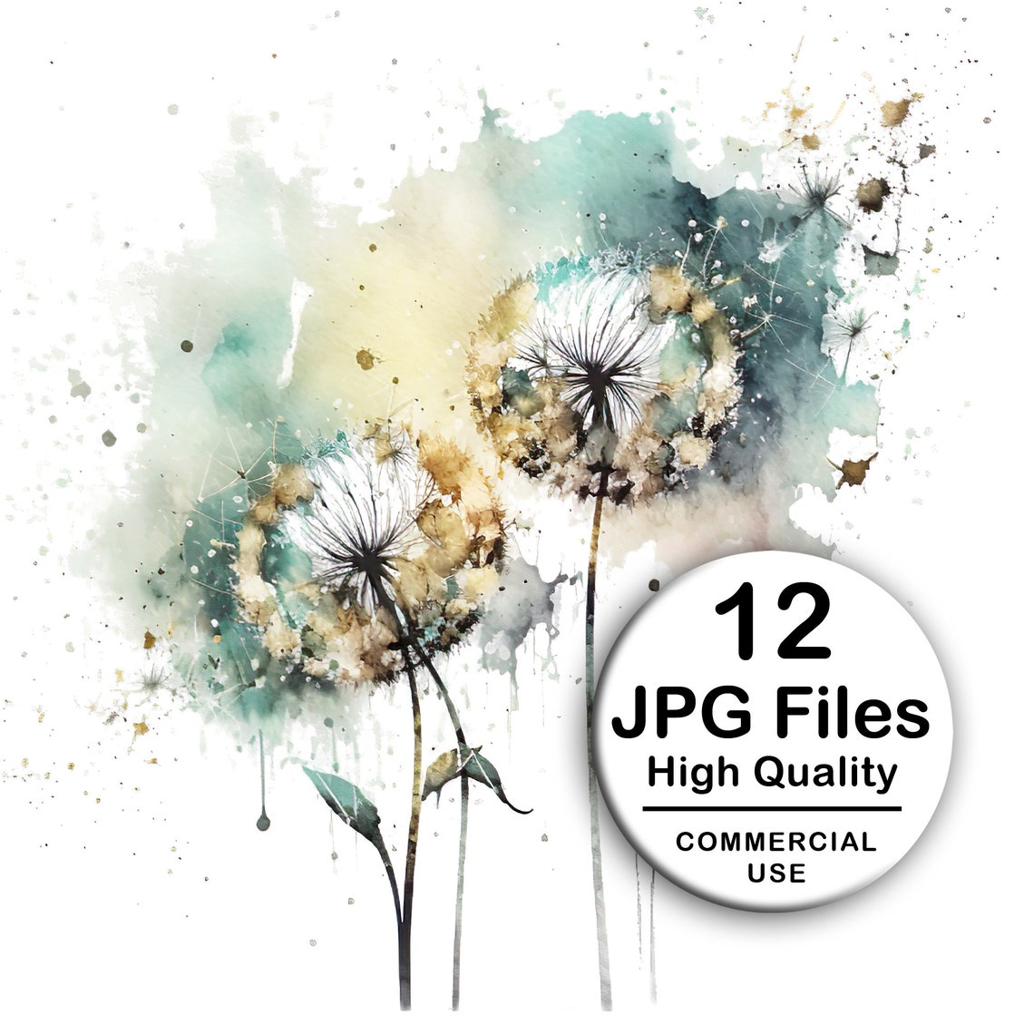 Dandelions Clipart Set of 12 High Quality JPG Decoupage, Wall Art ...