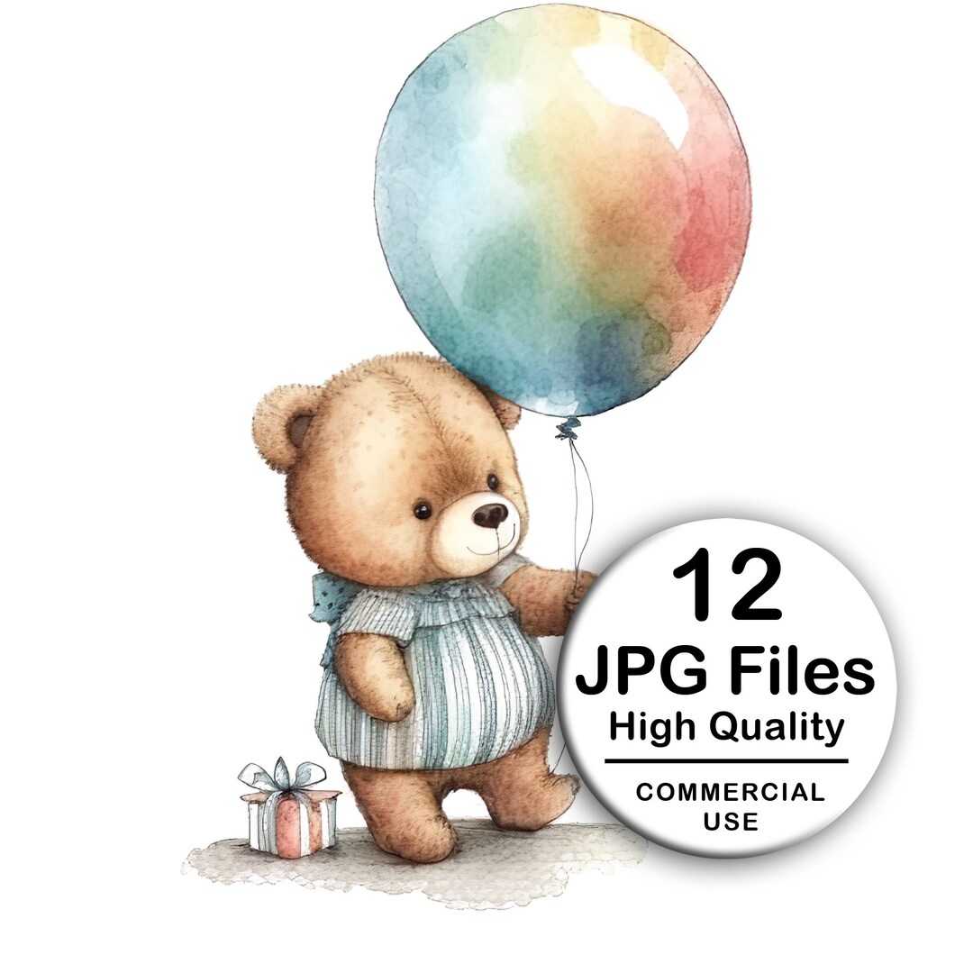 Teddy, Colorful Balloon Clipart - Set 12 High Quality JPG - Decoupage ...