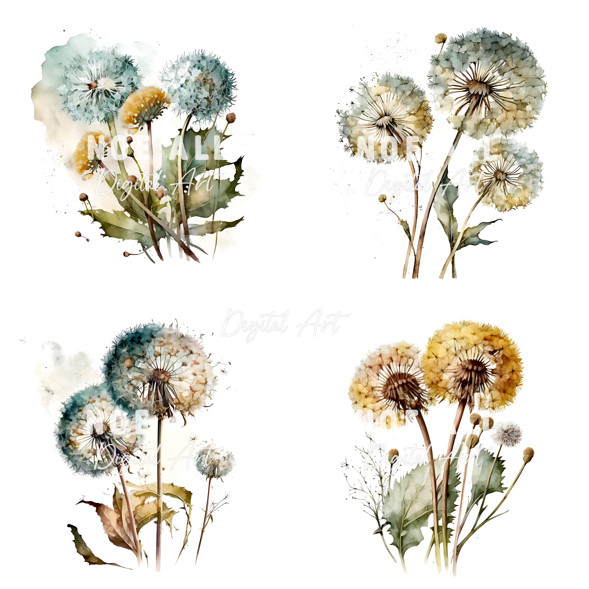 Dandelions Clipart - Set of 12 High Quality JPG - Decoupage, Wall Art ...