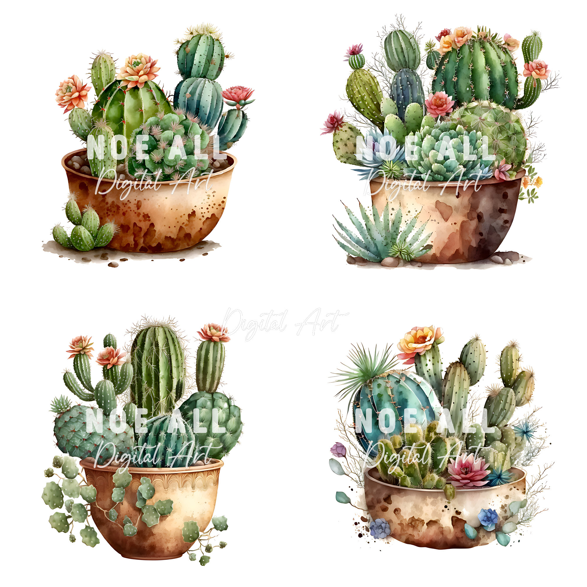 Potted Cacti Clipart Set of 12 High Quality JPG Decoupage, Wall Art ...