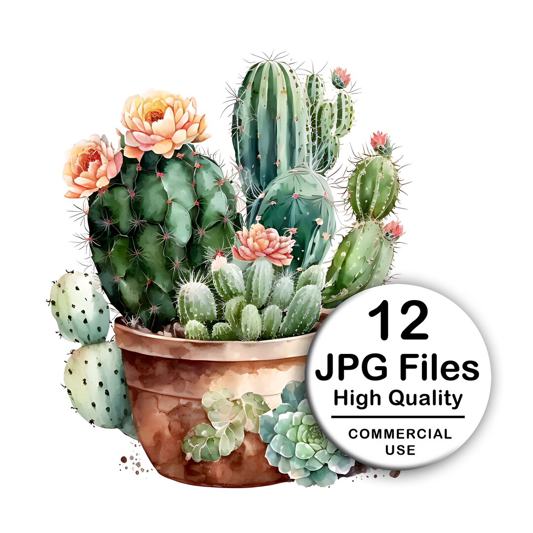 Potted Cacti Clipart - Set of 12 High Quality JPG - Decoupage, Wall Art ...