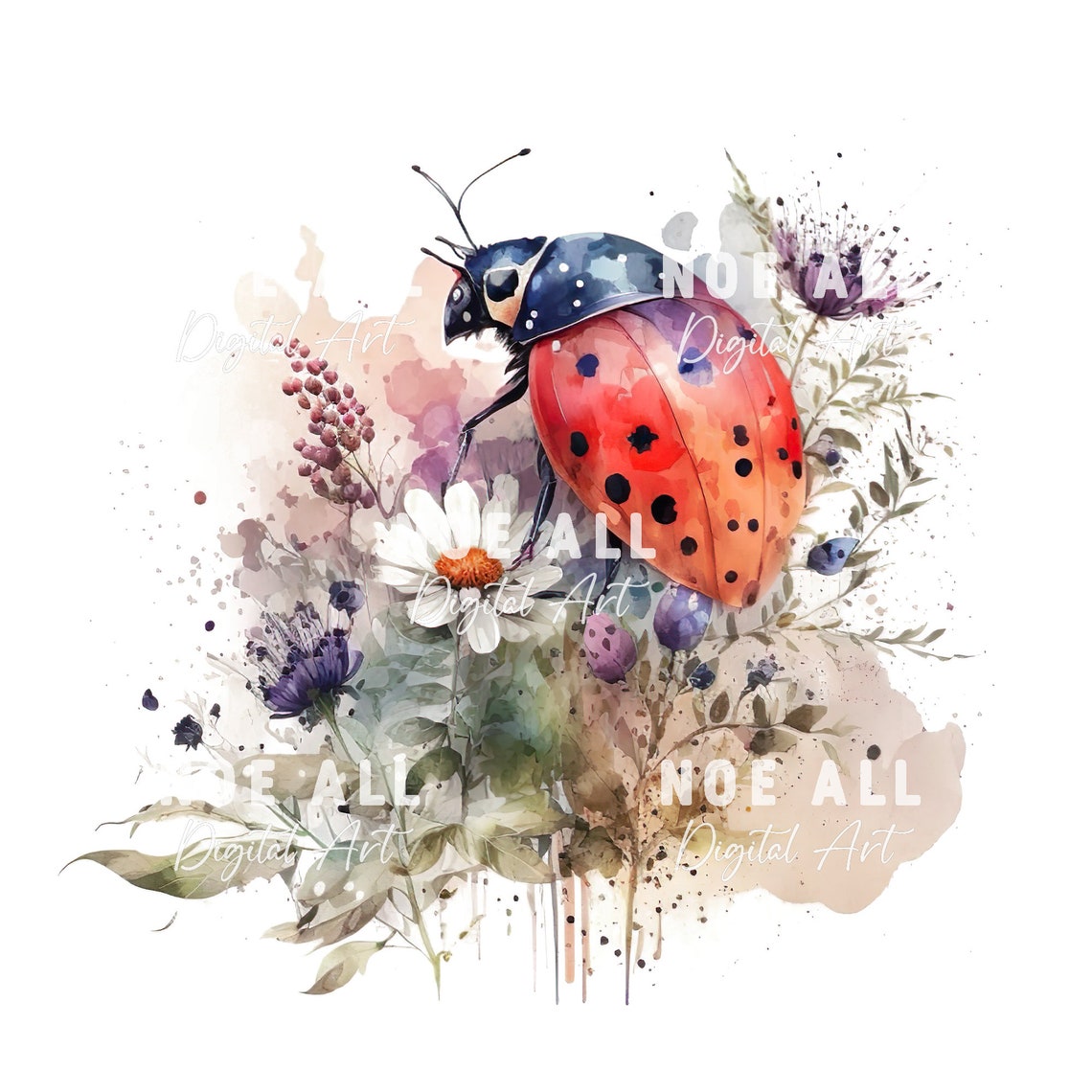 Ladybug, Wildflowers Clipart Set 12 High Quality JPG Decoupage, Wall ...