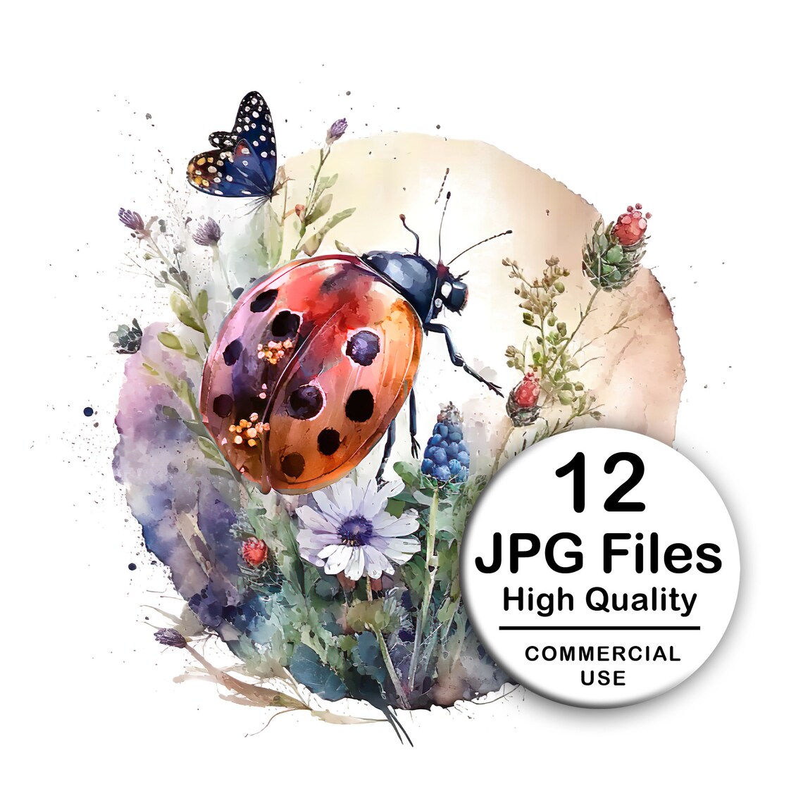 Ladybug, Wildflowers Clipart Set 12 High Quality JPG Decoupage, Wall ...