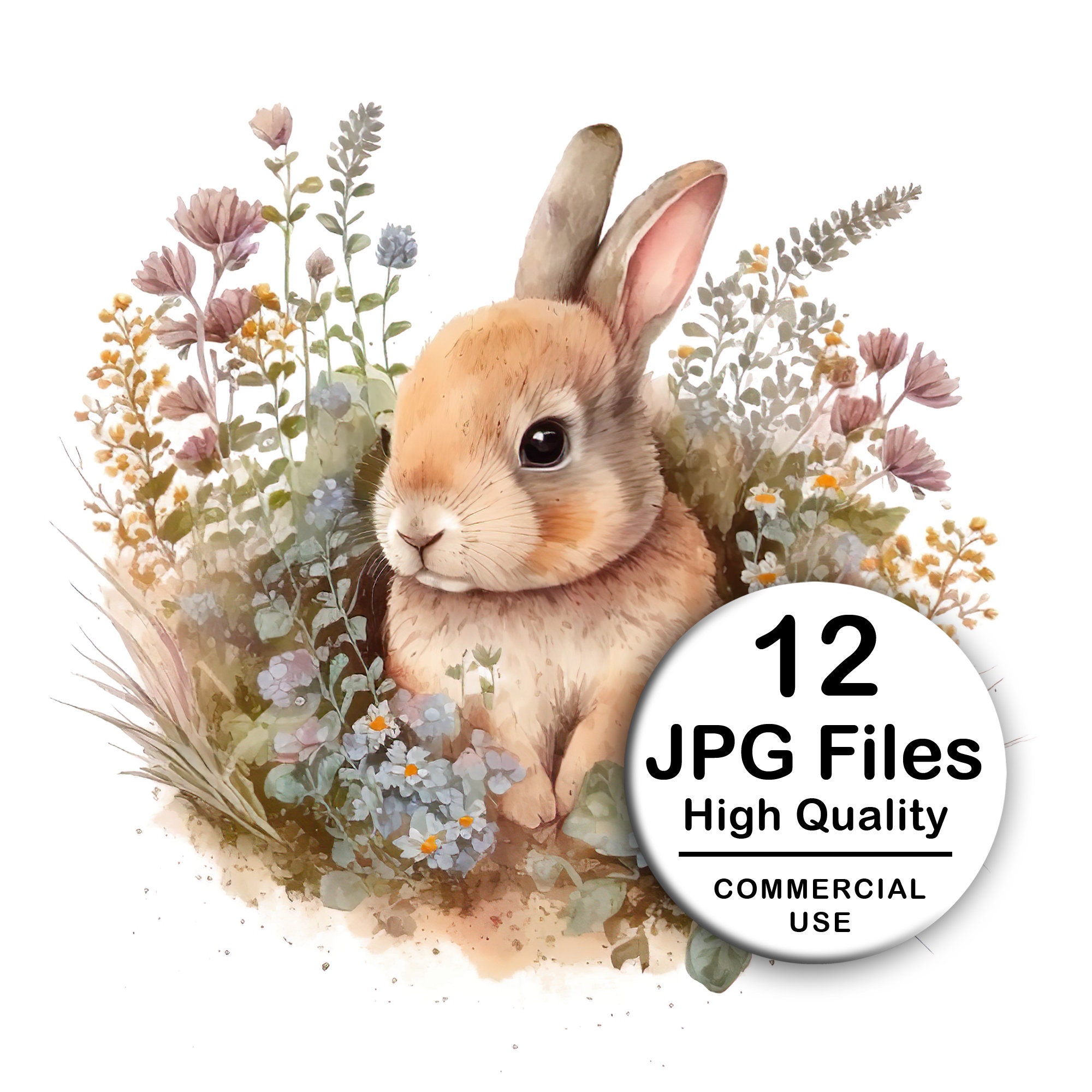 Cute Rabbit, Wildflowers Clipart - Set 12 High Quality JPG - Decoupage ...