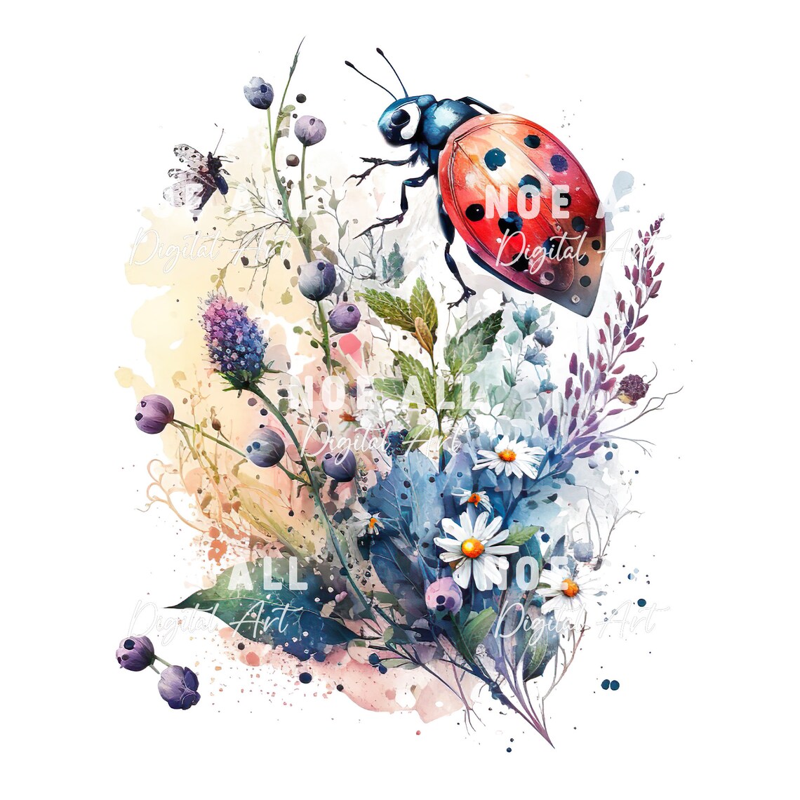 Ladybug, Wildflowers Clipart Set 12 High Quality JPG Decoupage, Wall ...