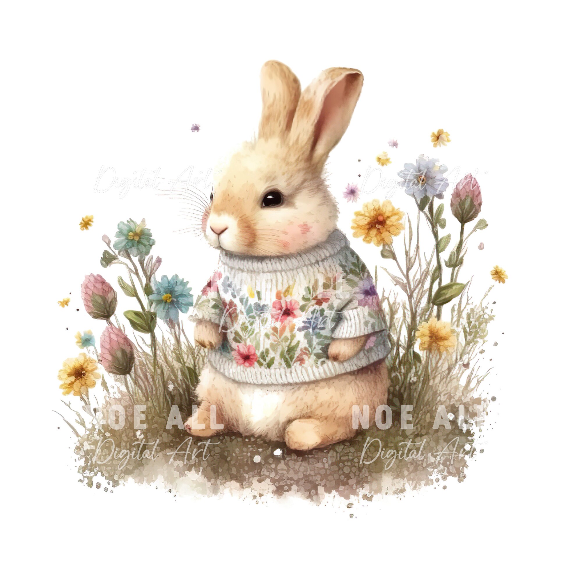 Cute Rabbit, Wildflowers Clipart - Set 12 High Quality JPG - Decoupage ...