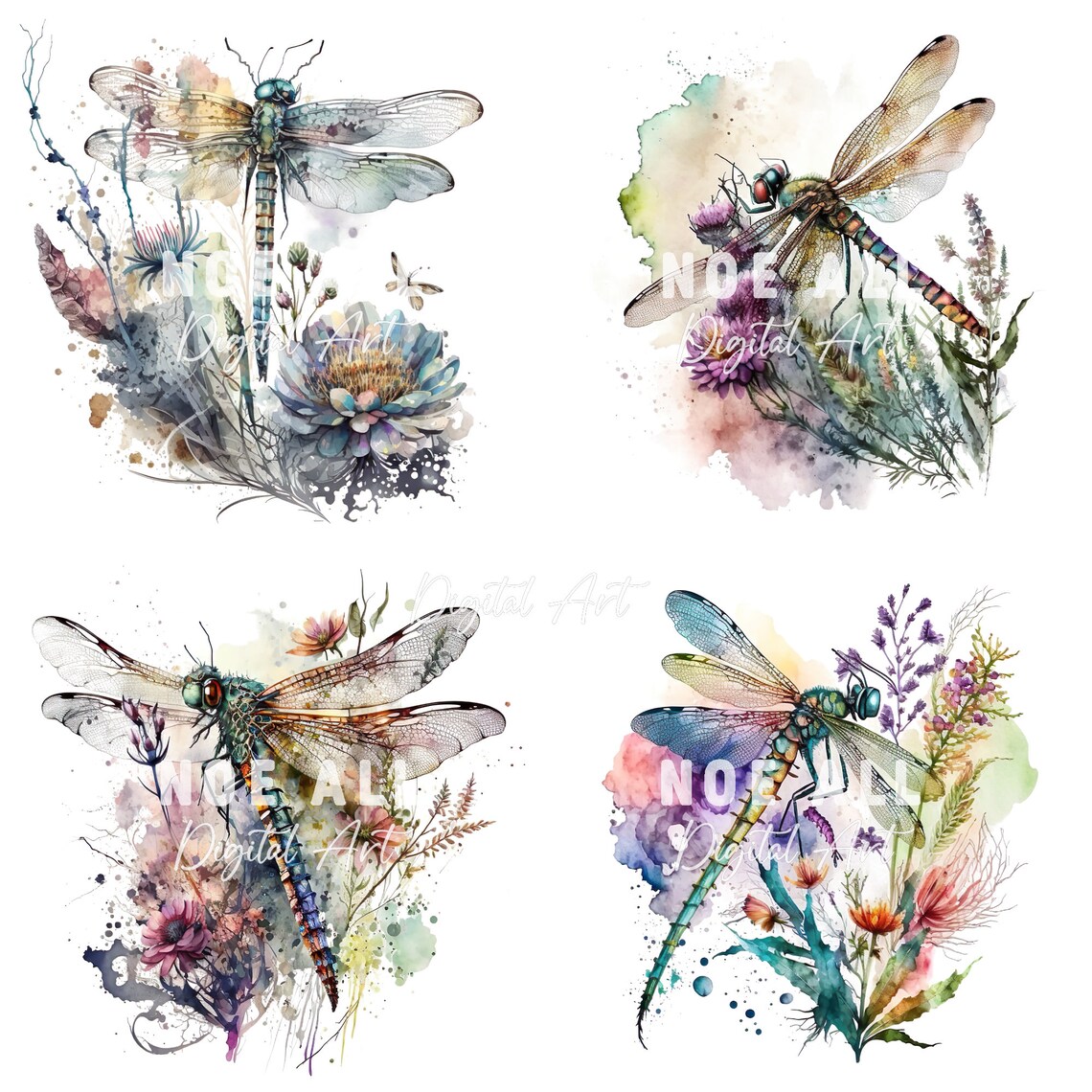 Dragonfly, Wildflowers Clipart Set 12 High Quality JPG Decoupage, Wall ...