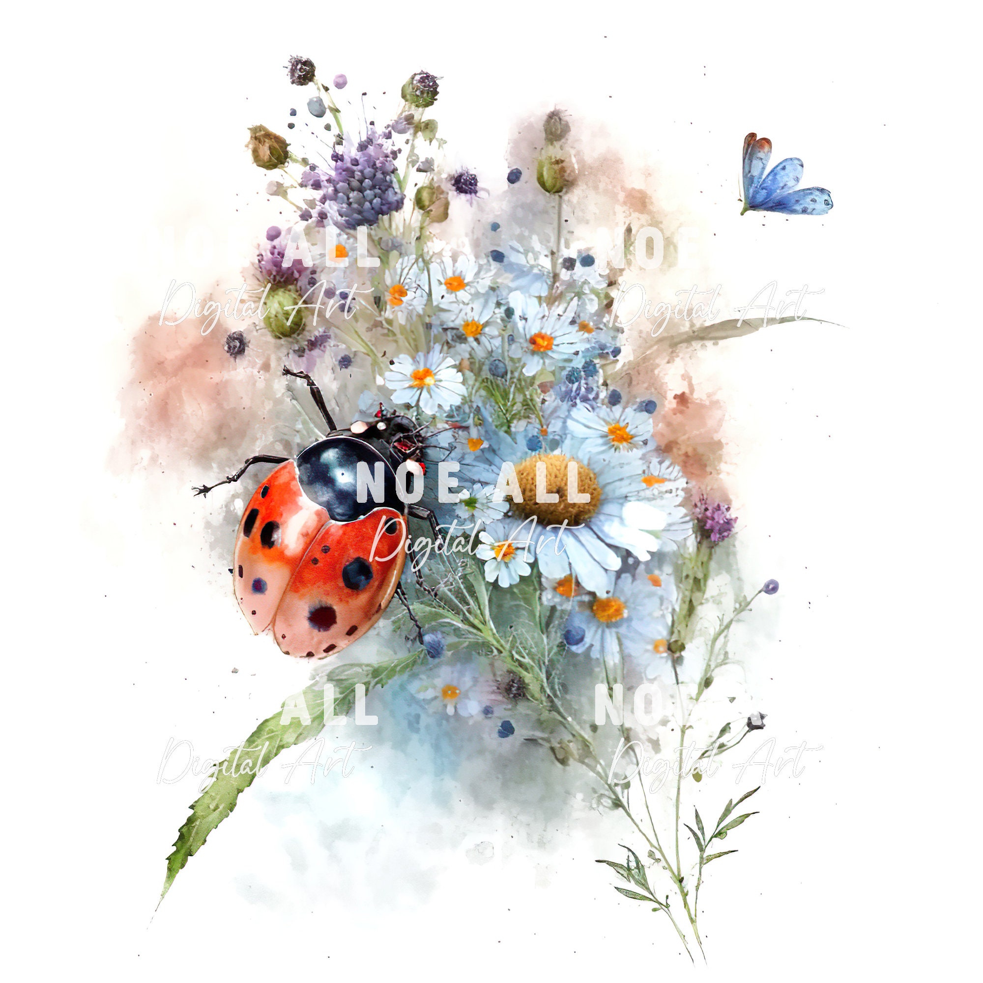 Ladybug, Wildflowers Clipart Set 12 High Quality JPG Decoupage, Wall ...