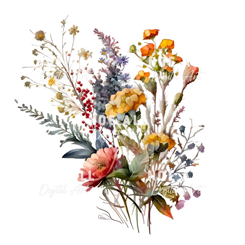 Wildflower Bouquet Clipart - Set of 12 High Quality JPG - Decoupage ...