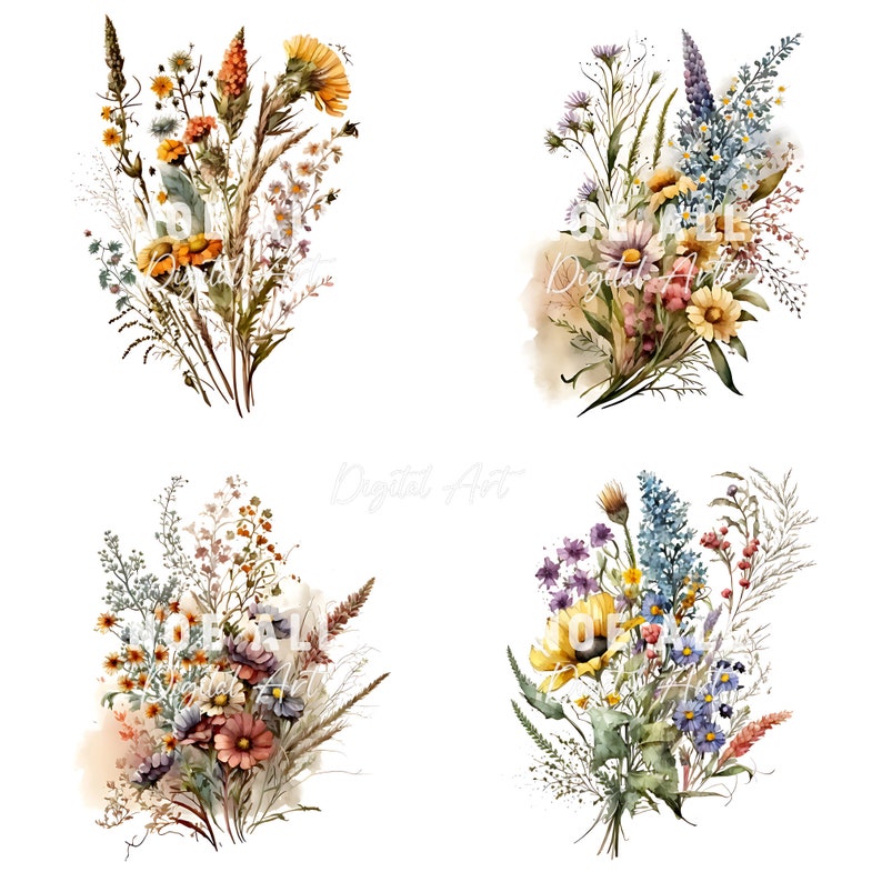 Wildflower Bouquet Clipart - Set of 12 High Quality JPG - Decoupage ...
