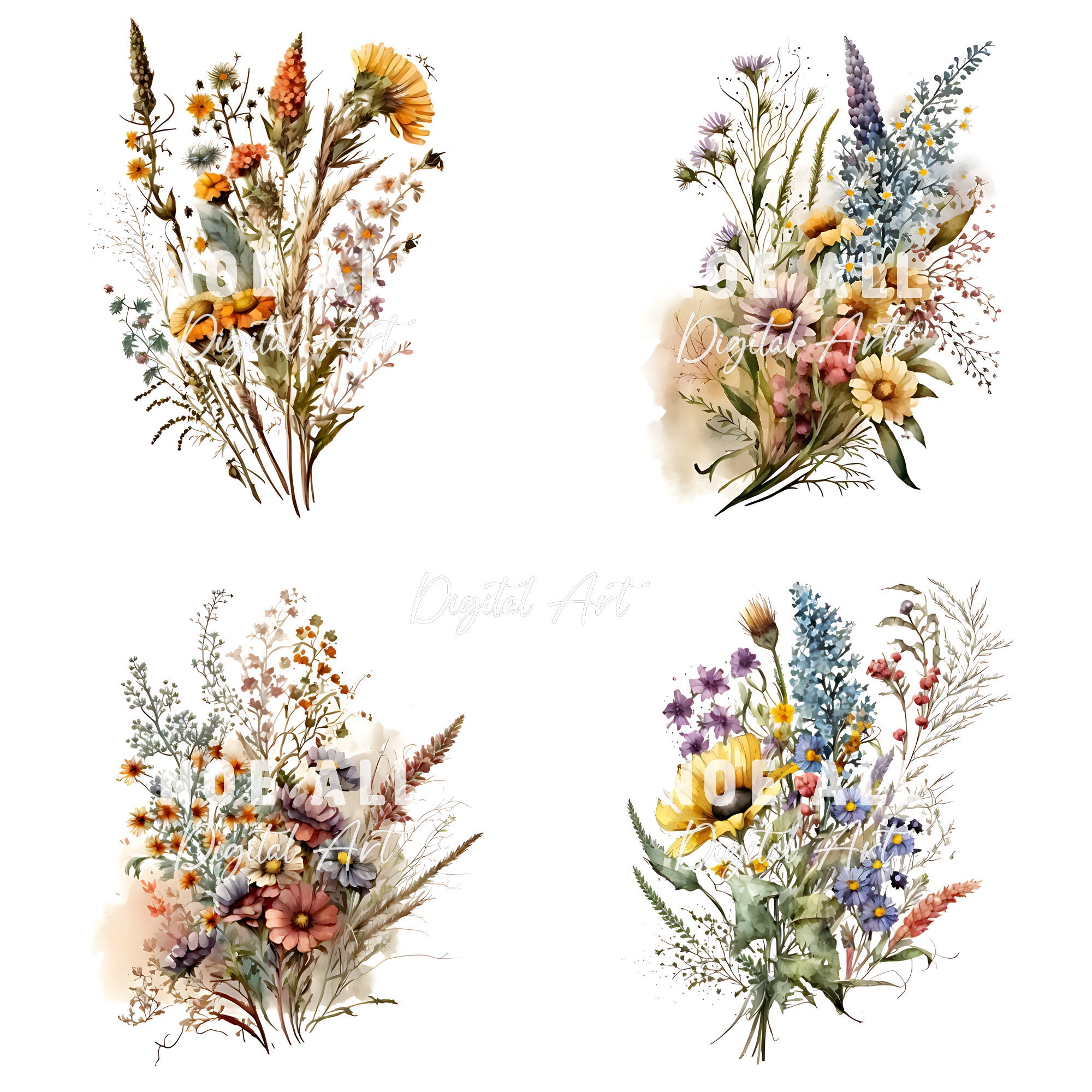 Wildflower Bouquet Clipart - Set of 12 High Quality JPG - Decoupage ...