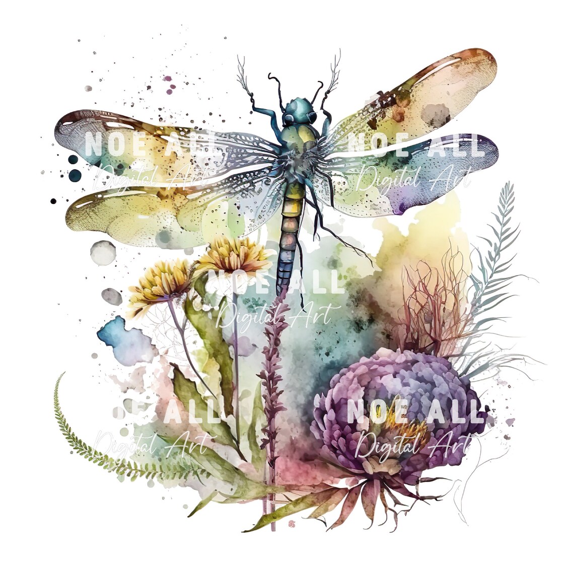 Dragonfly, Wildflowers Clipart Set 12 High Quality JPG Decoupage, Wall ...