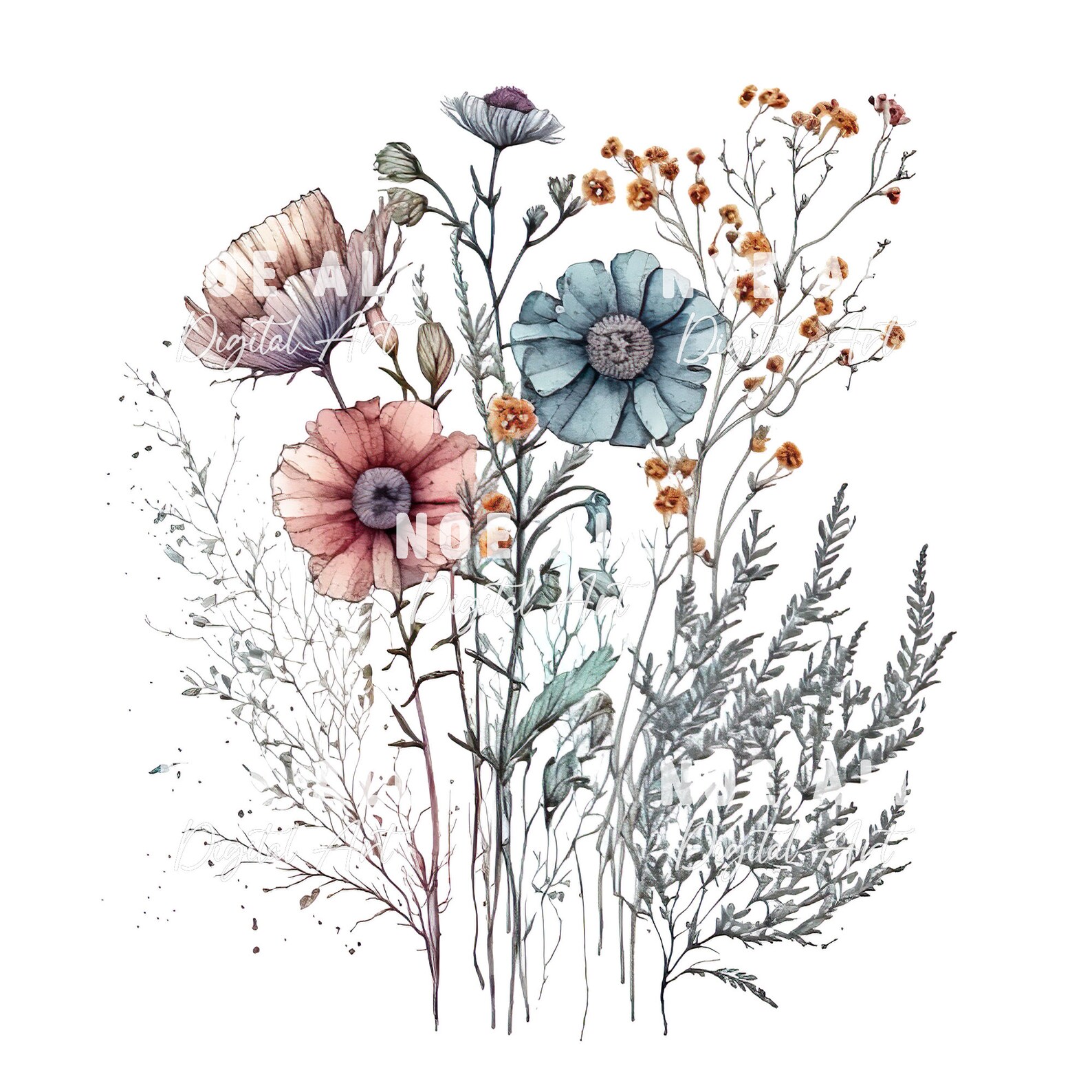 Wildflowers Clipart - Set 12 High Quality JPG - Decoupage, Wall Art ...
