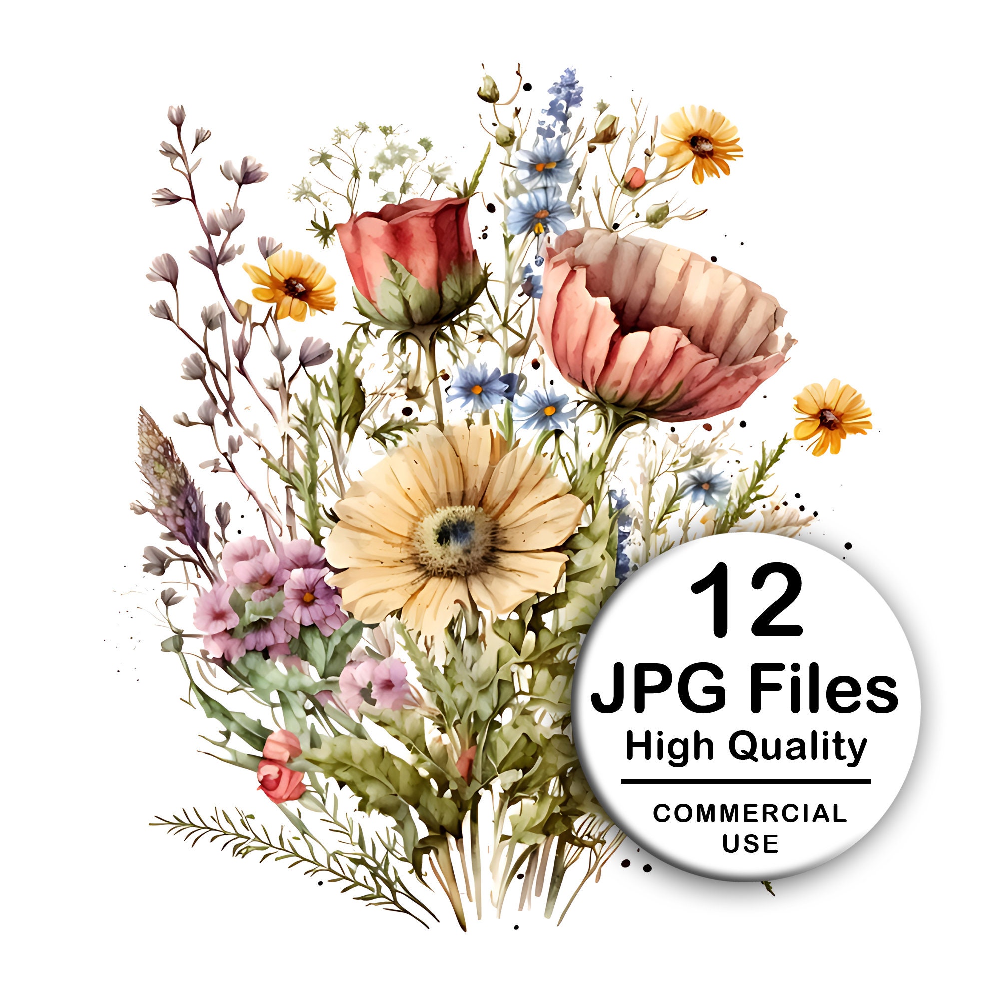 Wildflower Bouquet Clipart Set of 12 High Quality JPG Decoupage, Wall ...