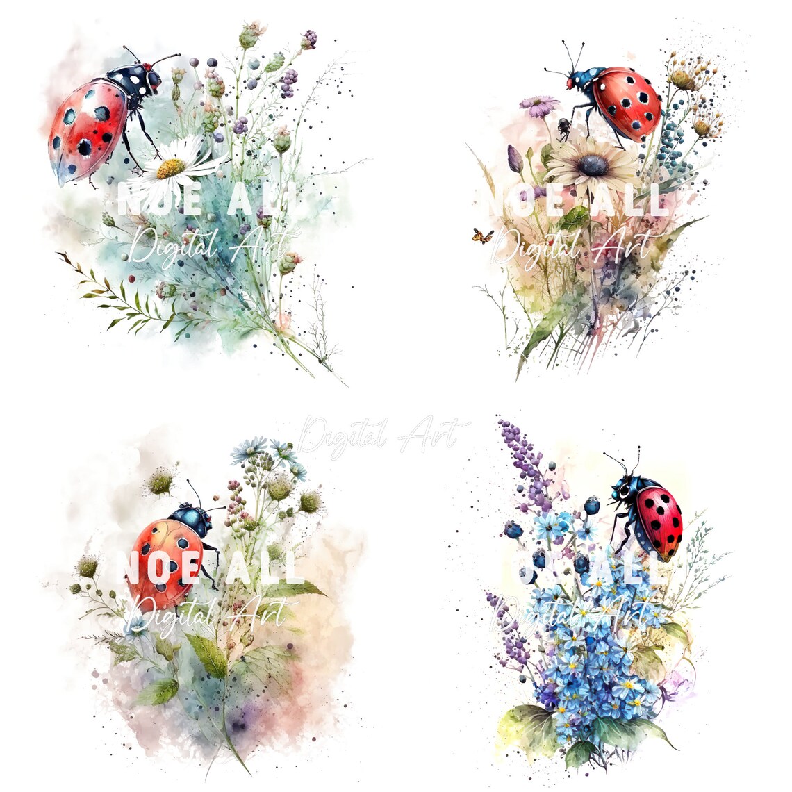 Ladybug, Wildflowers Clipart Set 12 High Quality JPG Decoupage, Wall ...