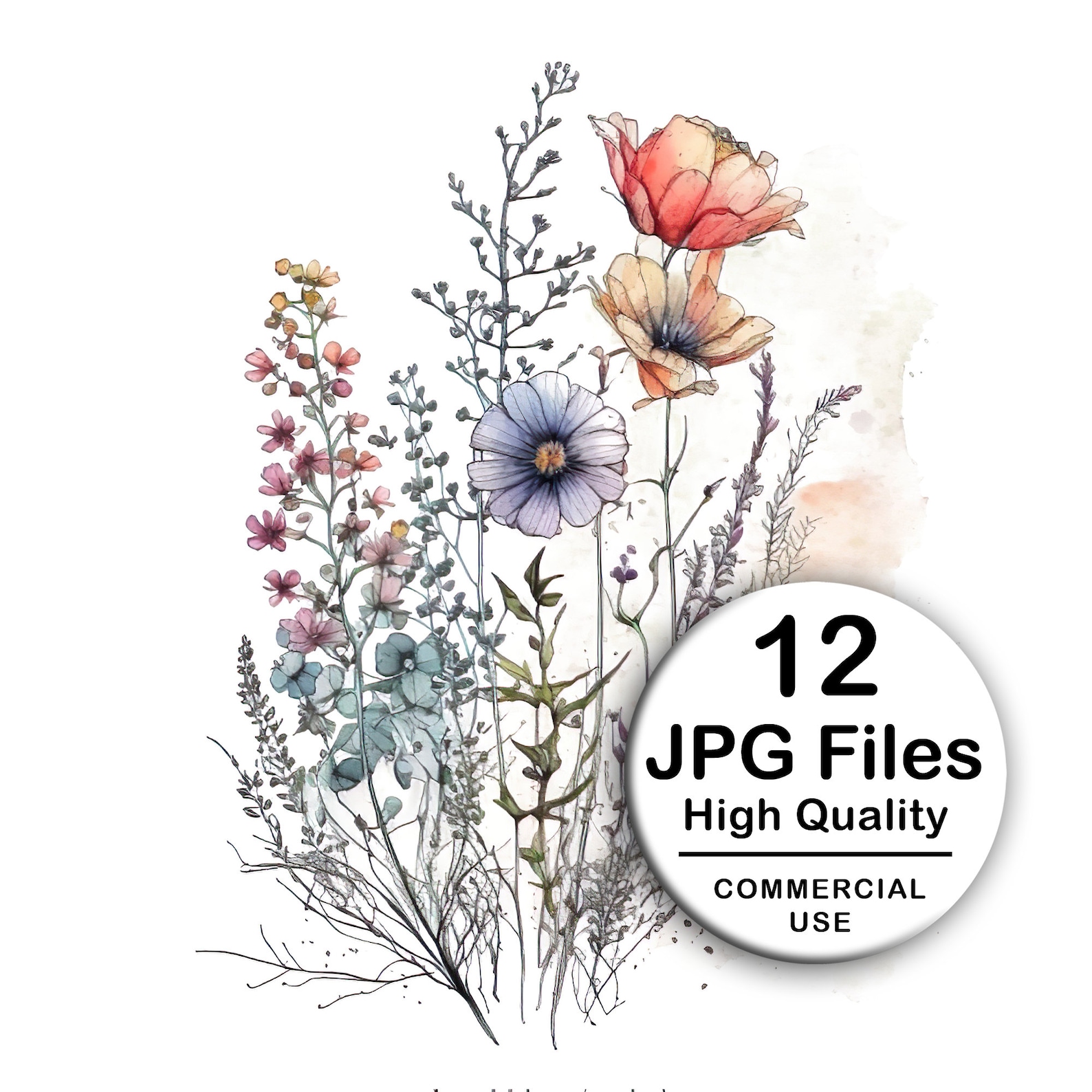 Wildflowers Clipart - Set 12 High Quality JPG - Decoupage, Wall Art ...