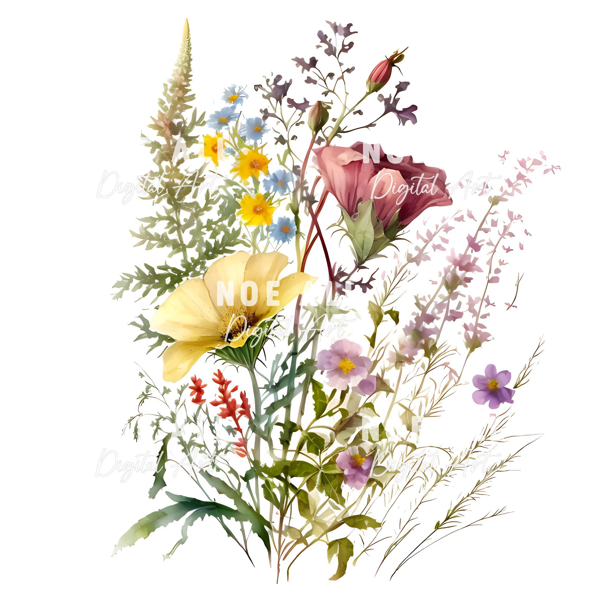 Wildflower Bouquet Clipart - Set of 12 High Quality JPG - Decoupage ...