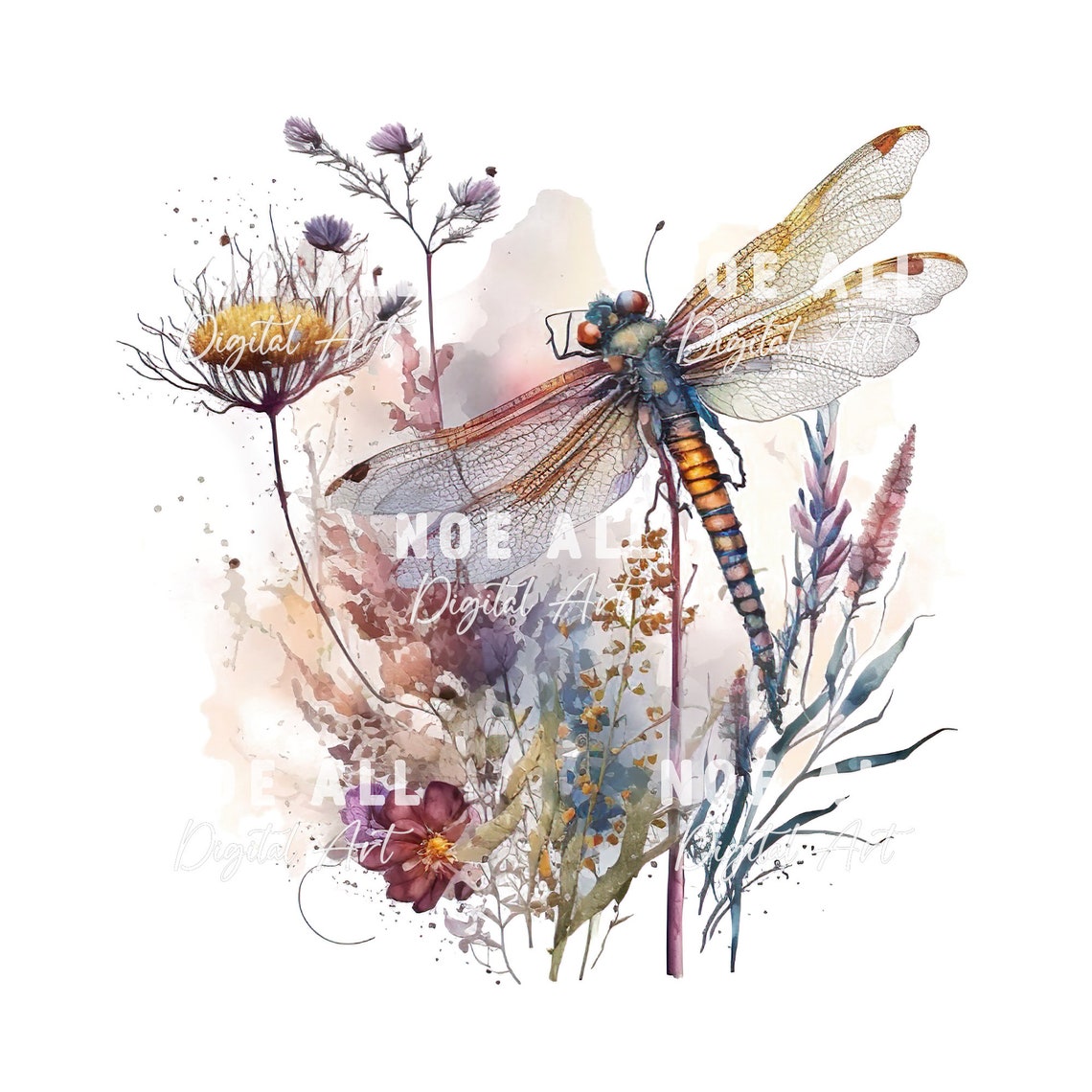 Dragonfly, Wildflowers Clipart Set 12 High Quality JPG Decoupage, Wall ...