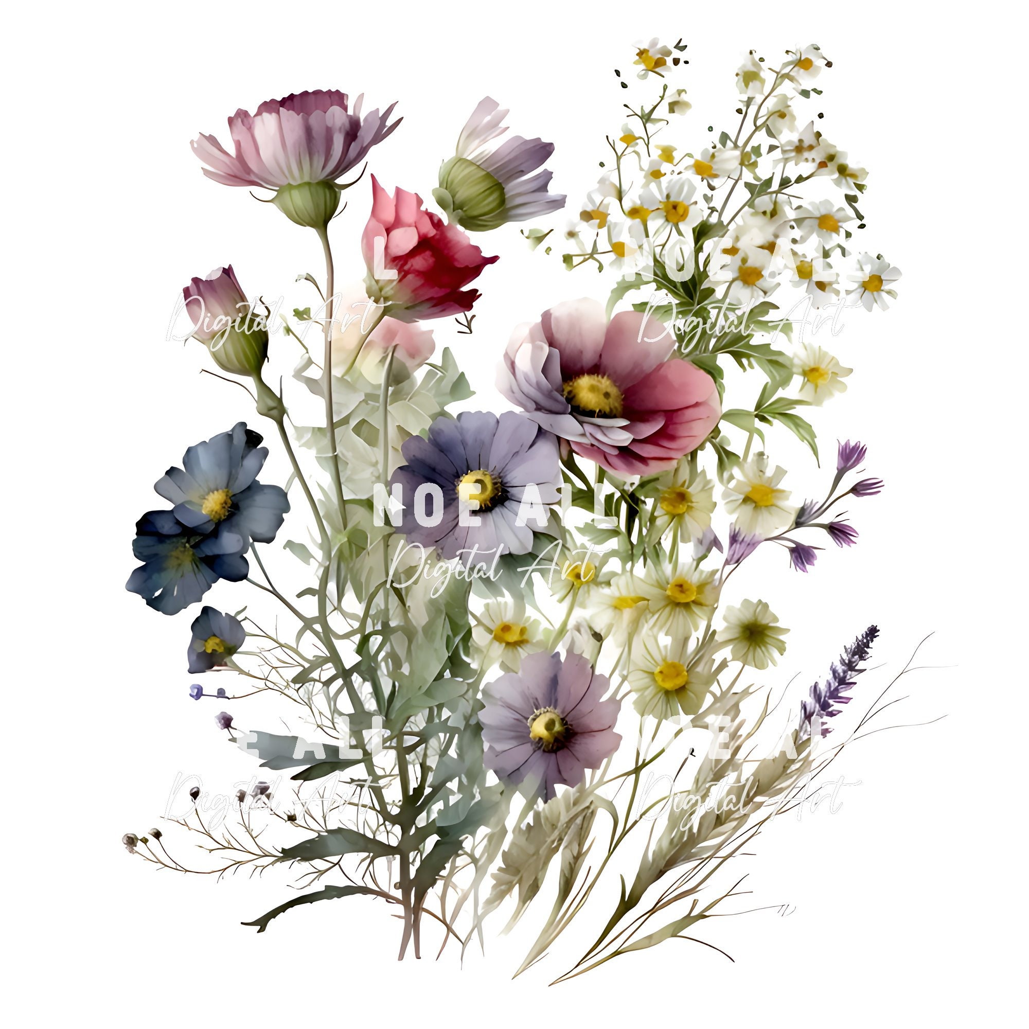 Wildflower Bouquet Clipart - Set of 12 High Quality JPG - Decoupage ...