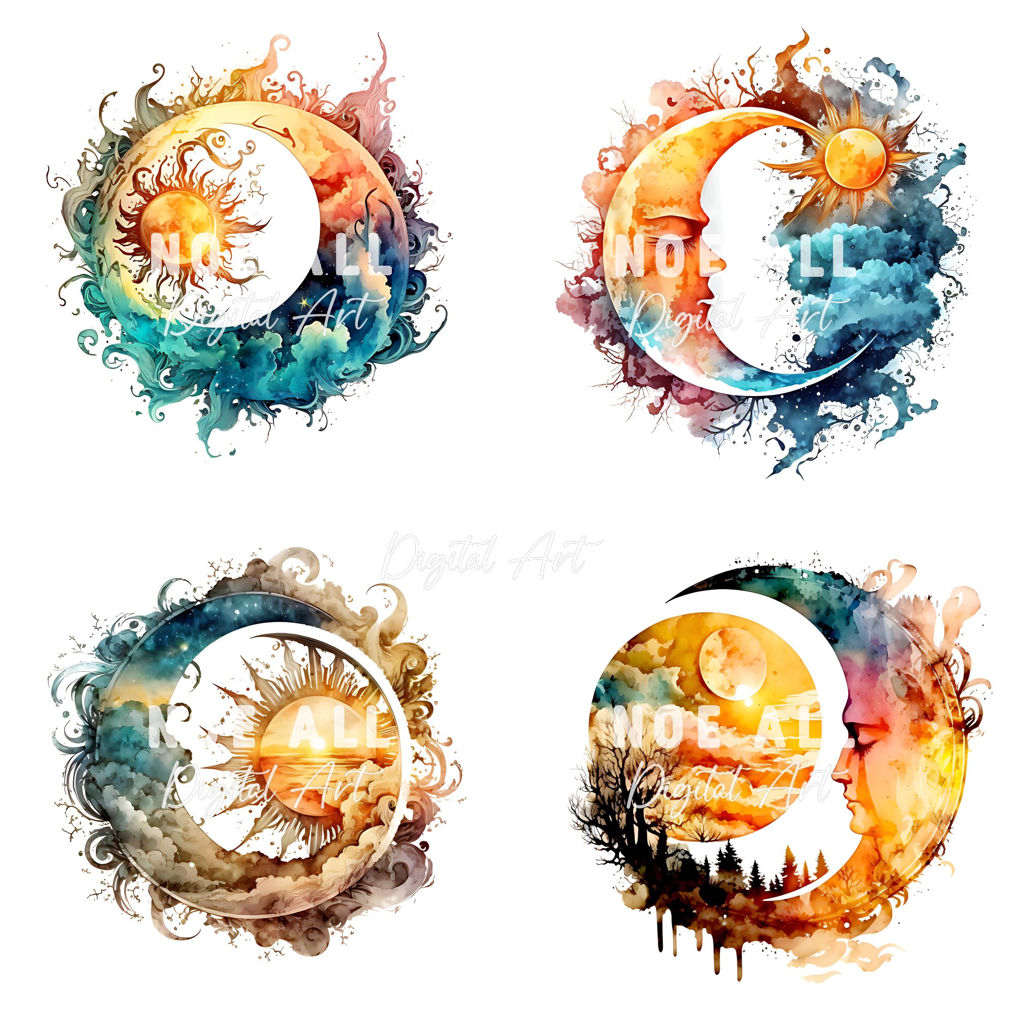 Sun and Moon Clipart Set 12 High Quality JPG Decoupage, Wall Art ...