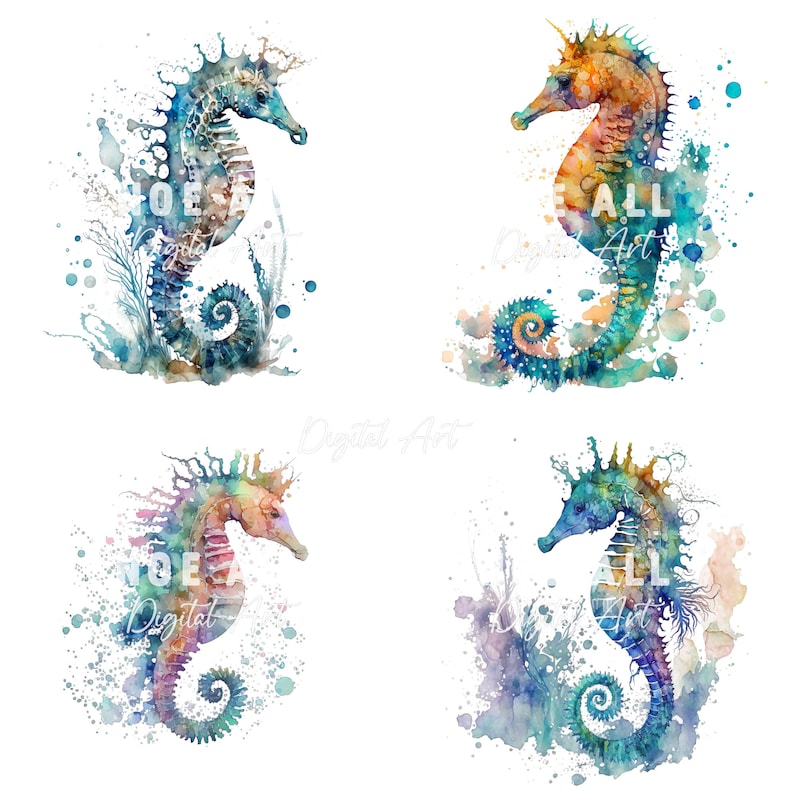 Seahorse Clipart - Set of 12 High Quality JPG - Decoupage, Wall Art ...