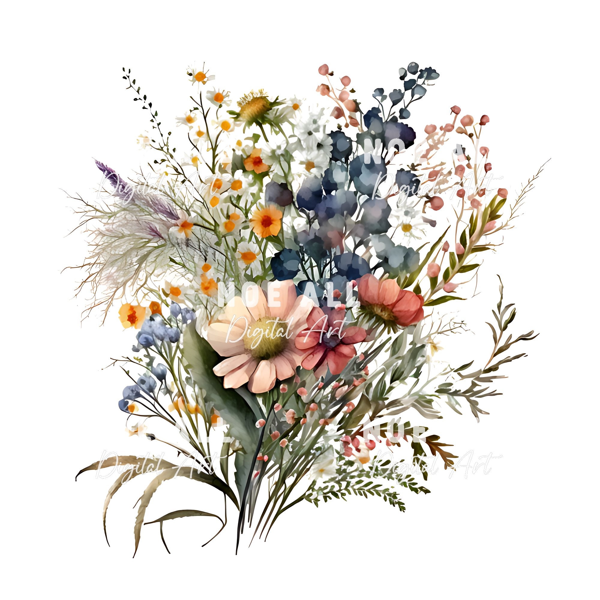 Wildflower Bouquet Clipart - Set of 12 High Quality JPG - Decoupage ...