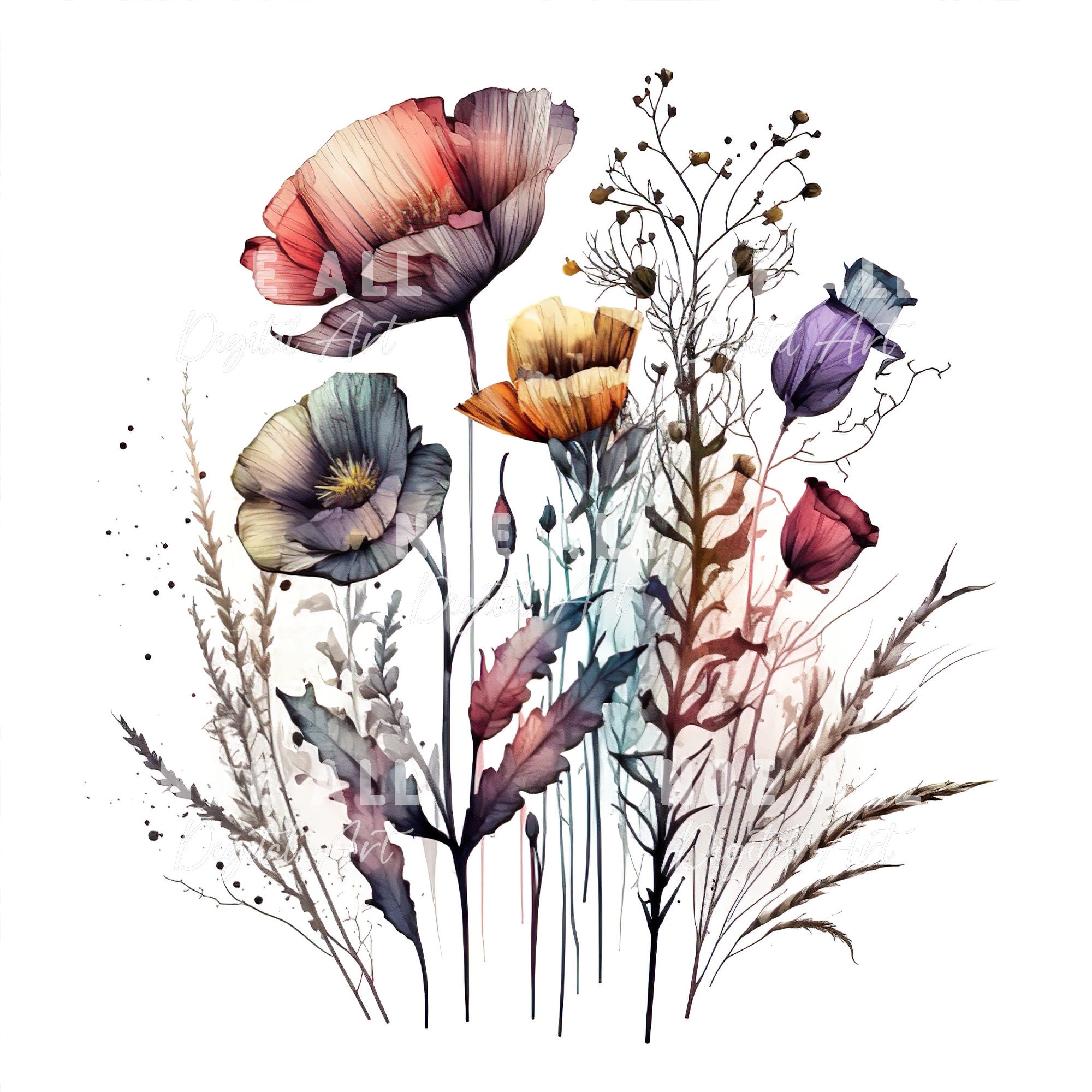 Wildflowers Clipart - Set 12 High Quality JPG - Decoupage, Wall Art ...