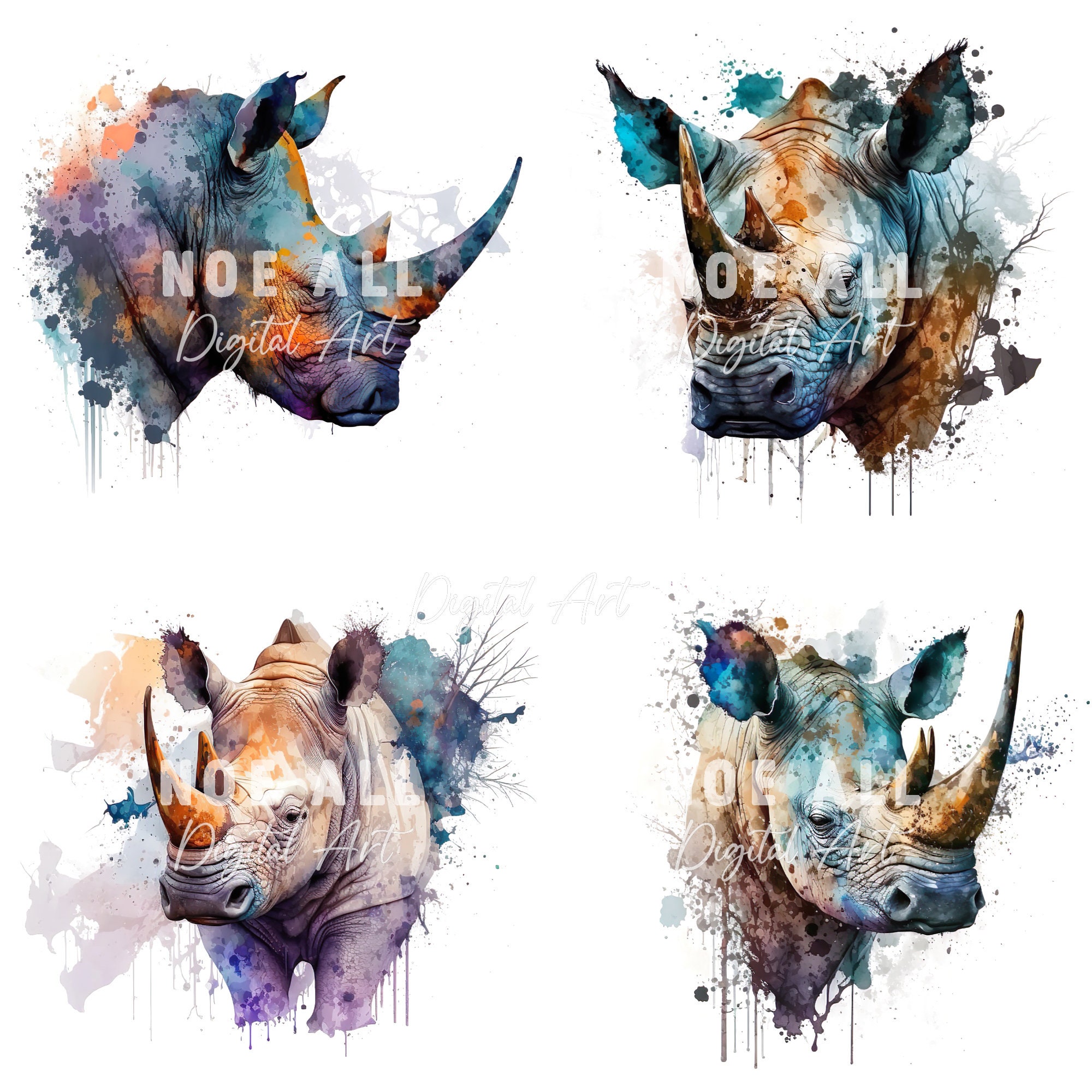 Rhinoceros Clipart Set of 12 High Quality JPG Decoupage, Wall Art ...
