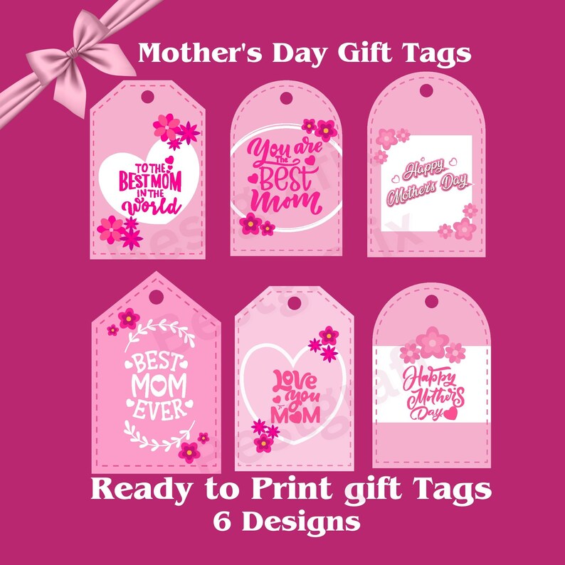 Printable Mother's Day Gift Tags Bundle,pdf, JPEG, Pink,6 Unique Tags ...