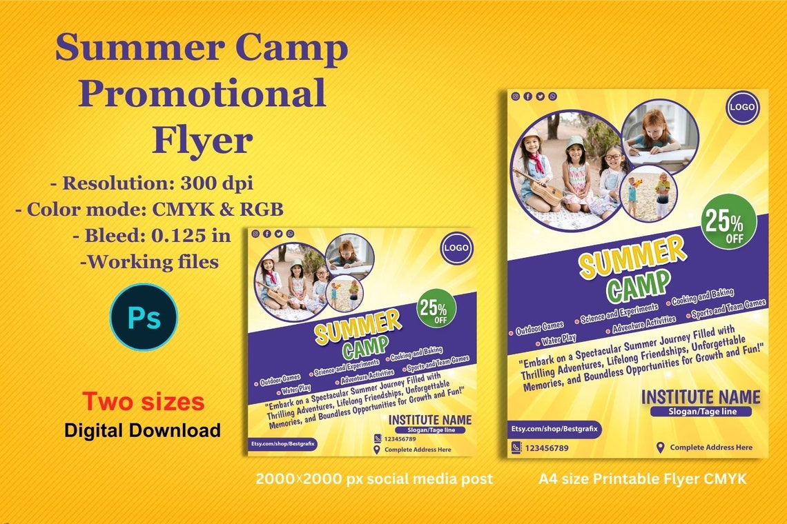 Summer Camp Flyer PSD Template, Kids Summer School Activities PSD ...
