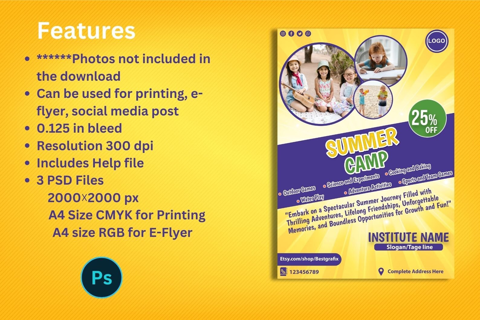 Summer Camp Flyer PSD Template, Kids Summer School Activities PSD ...