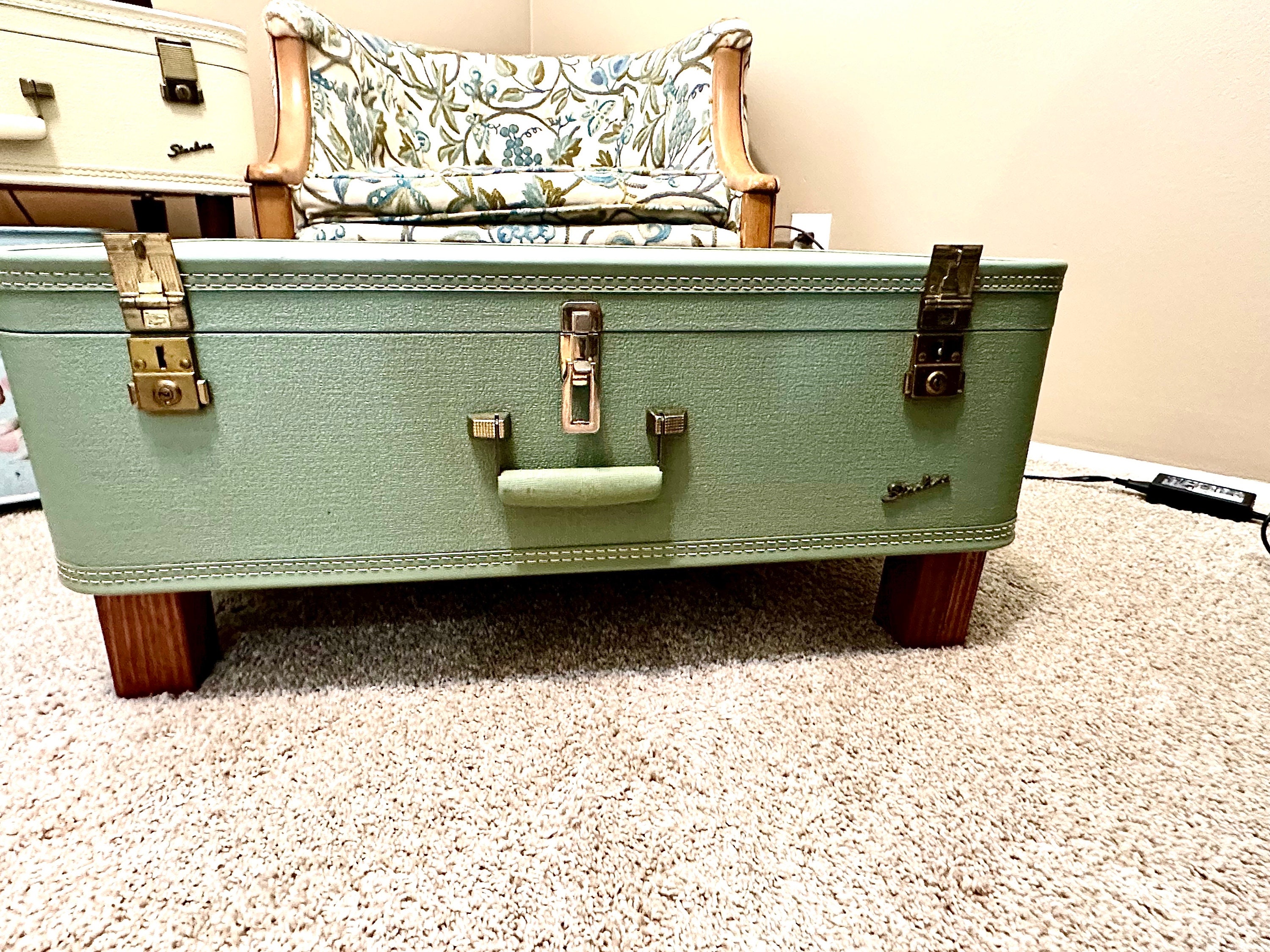 Vintage Upcycled Suitcase Ottoman, End Table, Green Exterior, Beige and ...