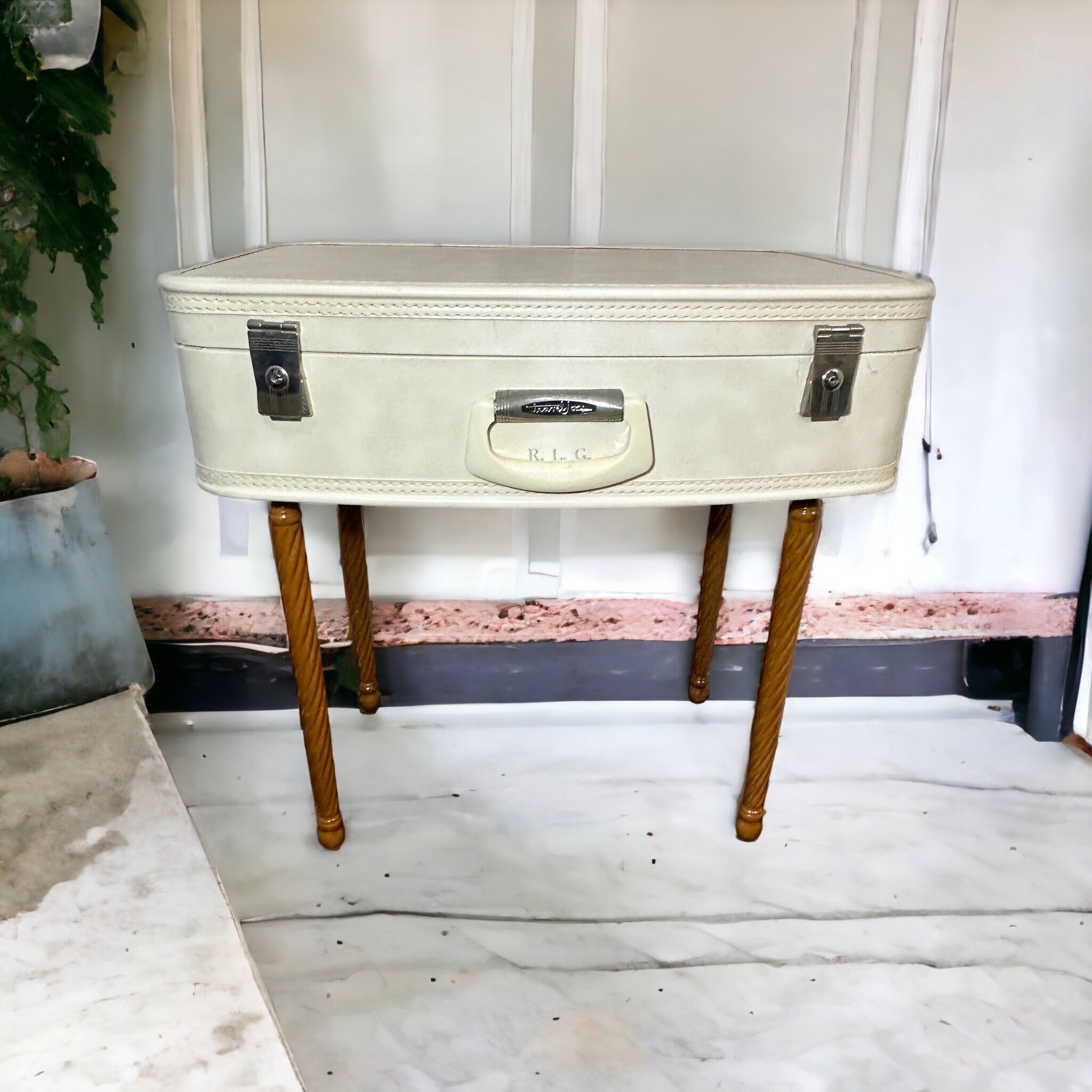 Upcycled Vintage Suitcase Table White With Blue Geometric Lining - Etsy