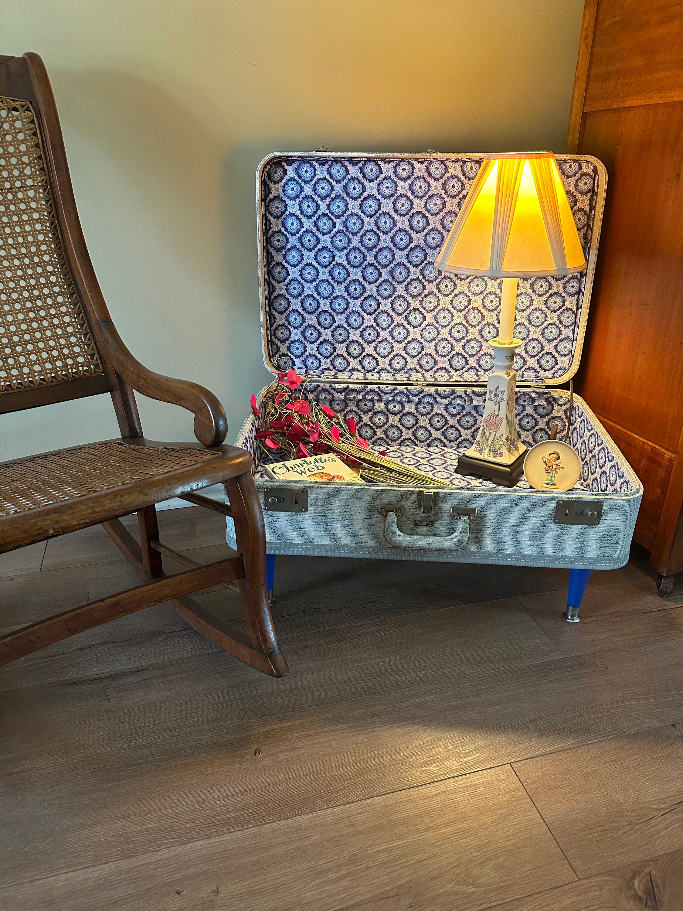 Vintage Upcycled Gray Suitcase End Table, Decor Table, Ottoman With ...